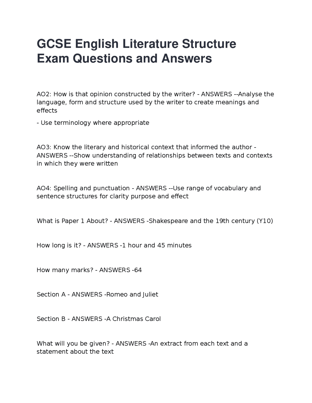 GCSE English Literature Structure Exam Questions and Answers | Exams ...