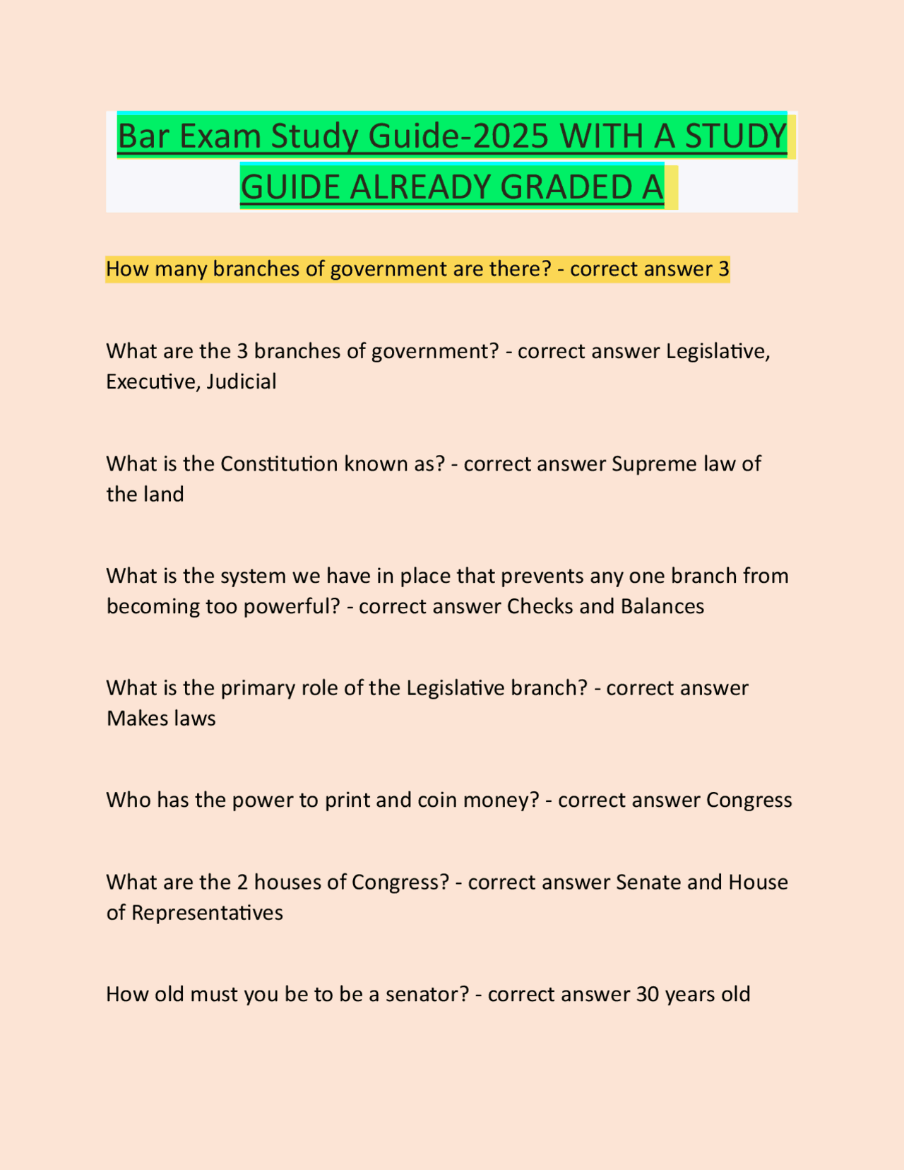 Bar Exam Study Guide-2025 WITH A STUDY GUIDE ALREADY GRADED A How many ...
