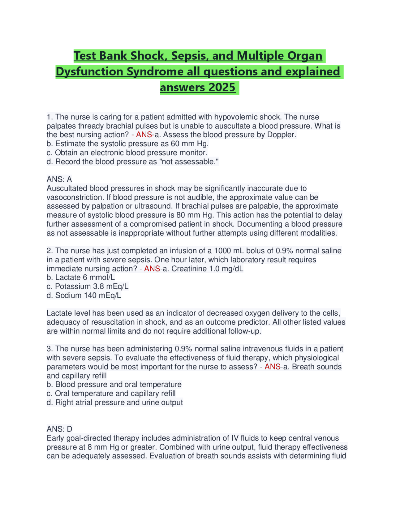 Test Bank Shock, Sepsis, and Multiple Organ Dysfunction Syndrome all ...