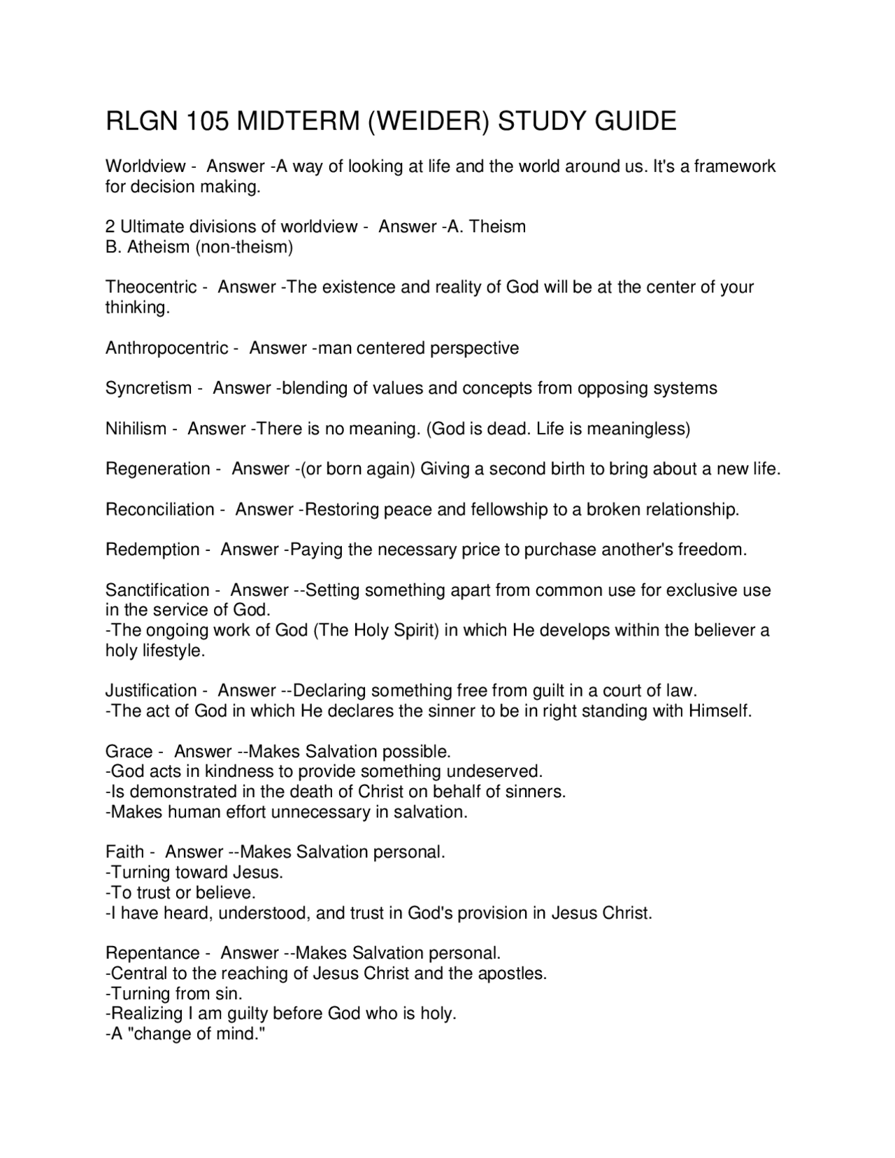 RLGN 105 MIDTERM (WEIDER) STUDY GUIDE | Exams Social Sciences | Docsity