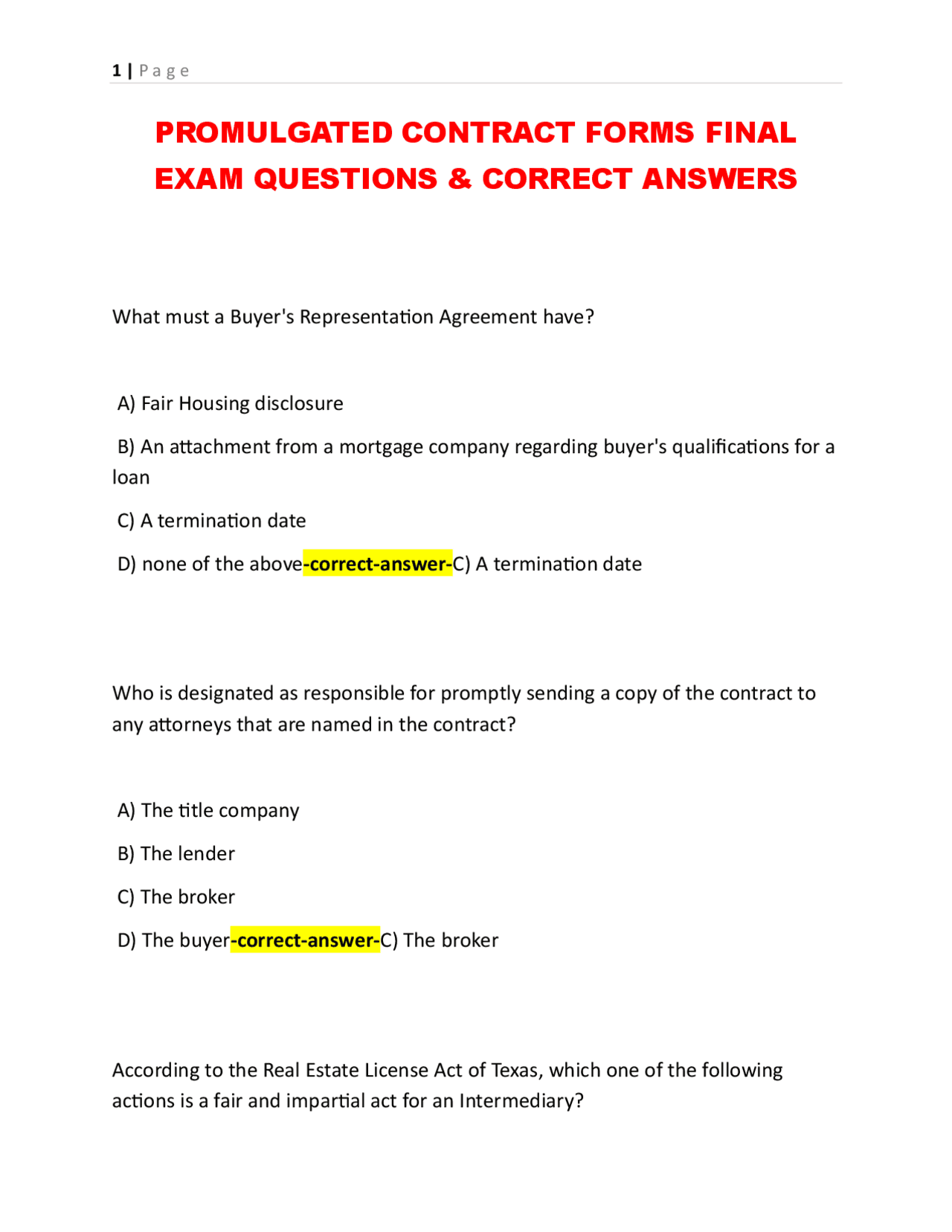 PROMULGATED CONTRACT FORMS FINAL EXAM QUESTIONS & CORRECT ANSWERS ...