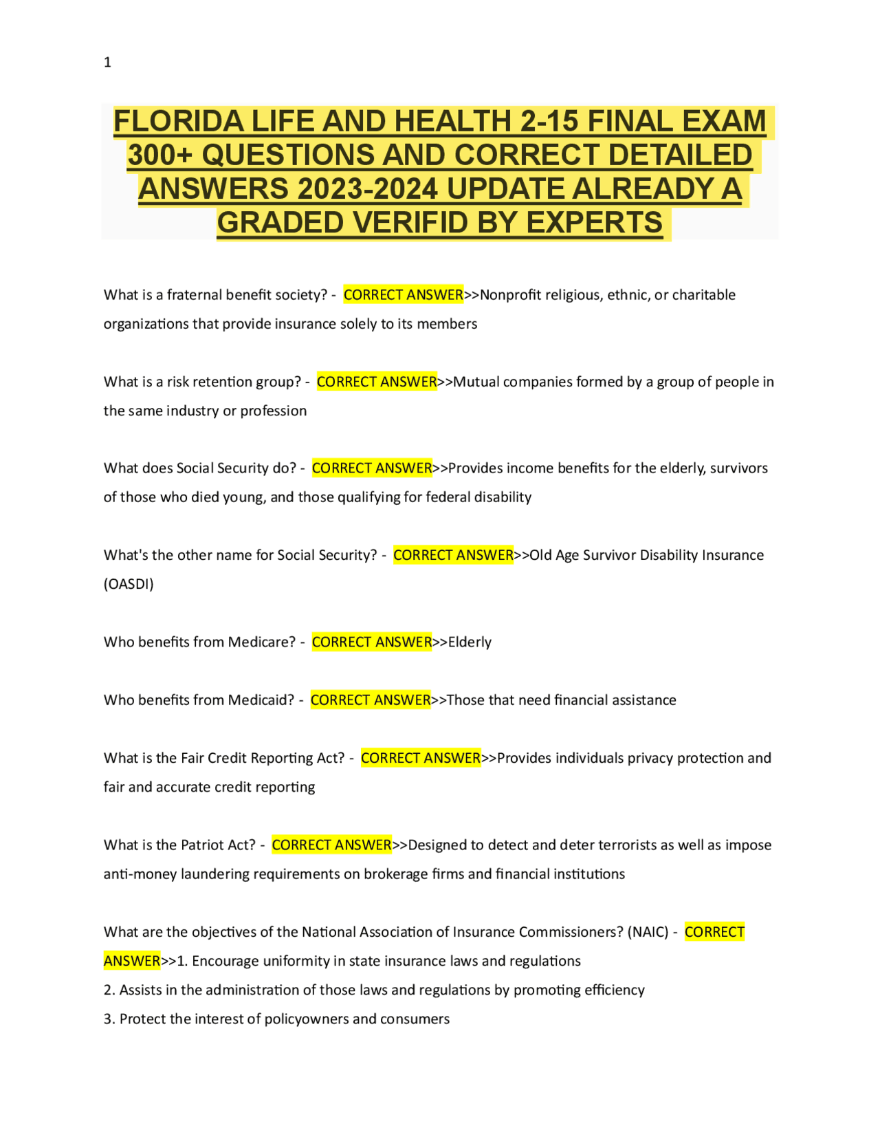 FLORIDA LIFE AND HEALTH 2-15 FINAL EXAM 300+ QUESTIONS AND CORRECT ...