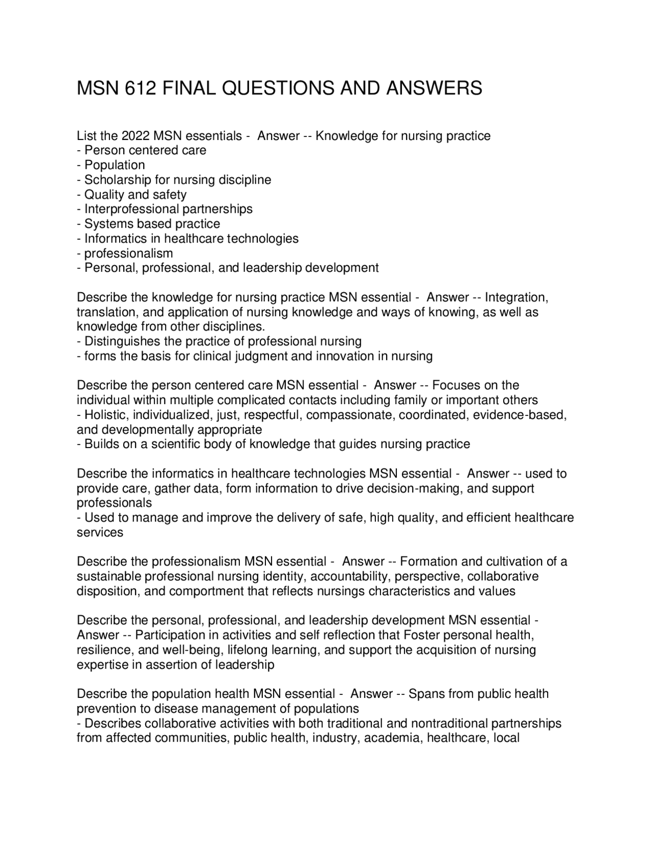 MSN 612 FINAL QUESTIONS AND ANSWERS | Exams Social Sciences | Docsity