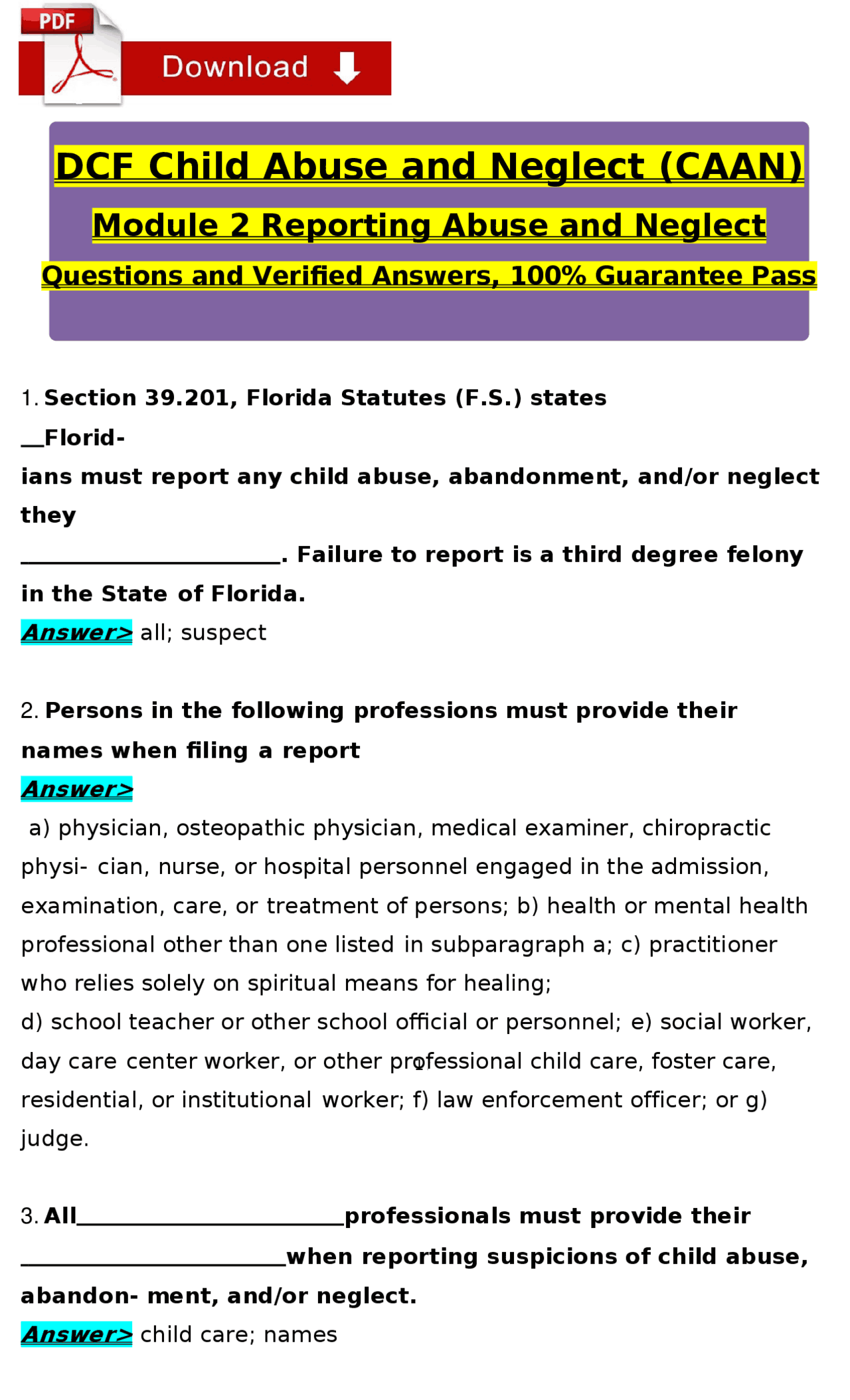 DCF Child Abuse and Neglect (CAAN) Module 2 2025/2026 | Reporting Abuse ...