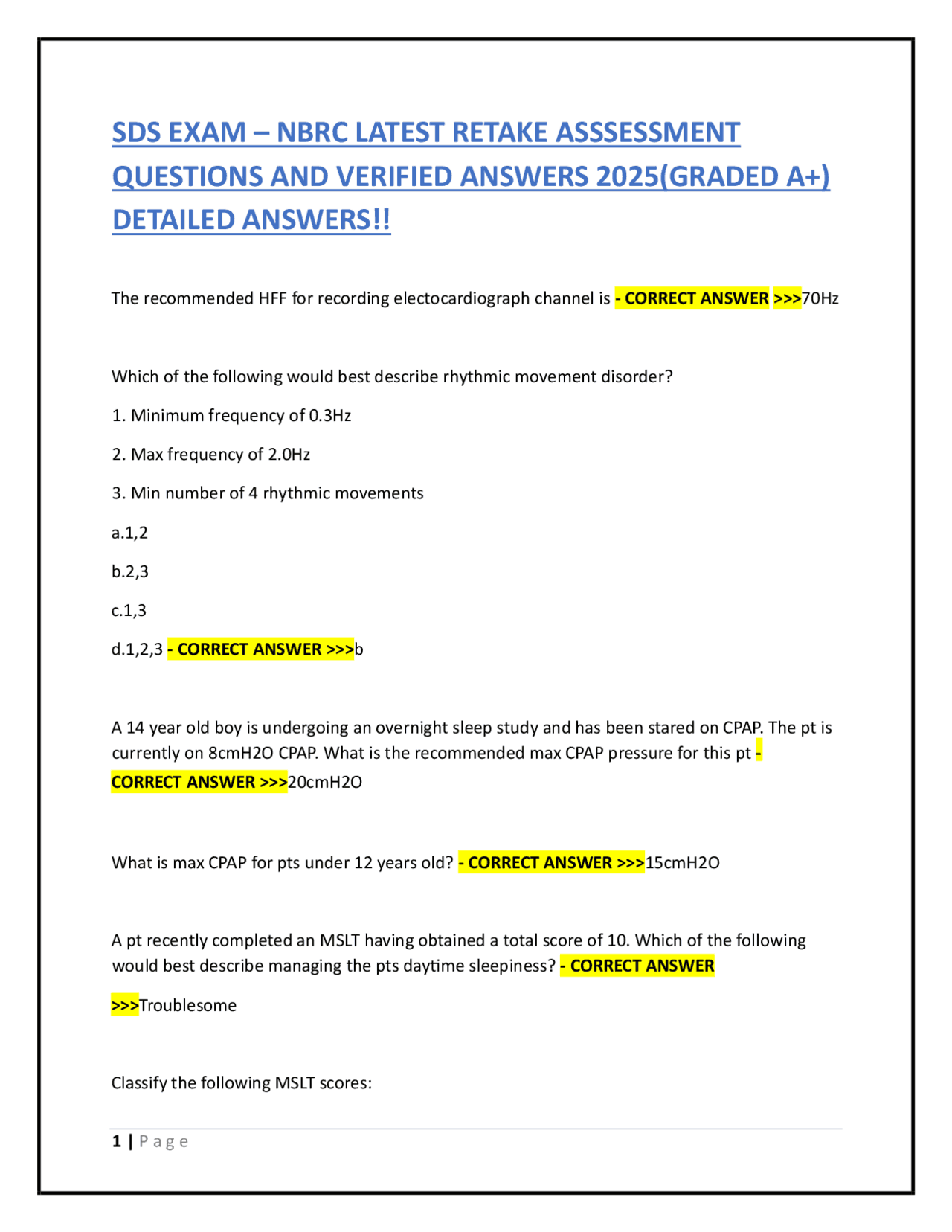 SDS EXAM – NBRC LATEST RETAKE ASSSESSMENT QUESTIONS AND VERIFIED ...