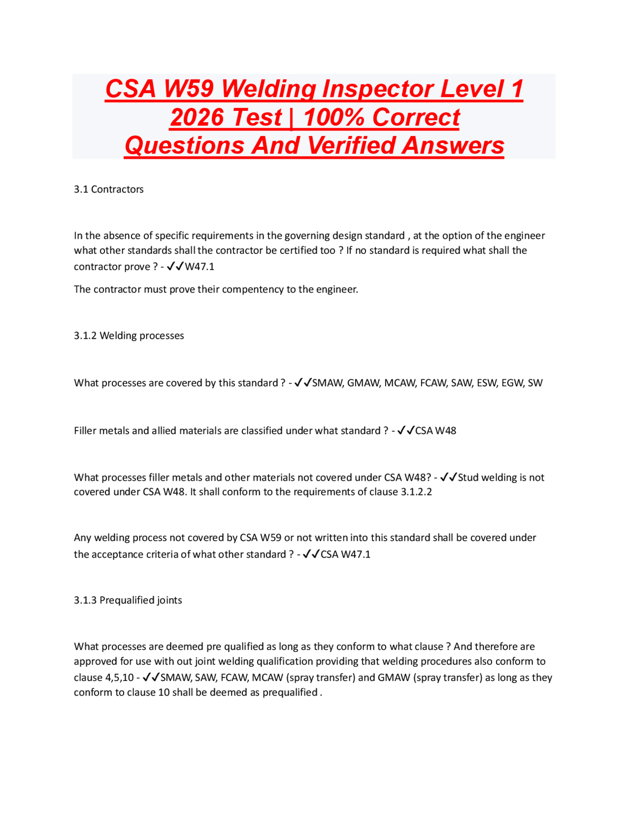 CSA W59 Welding Inspector Level 1 2026 Test | 100% Correct Questions ...