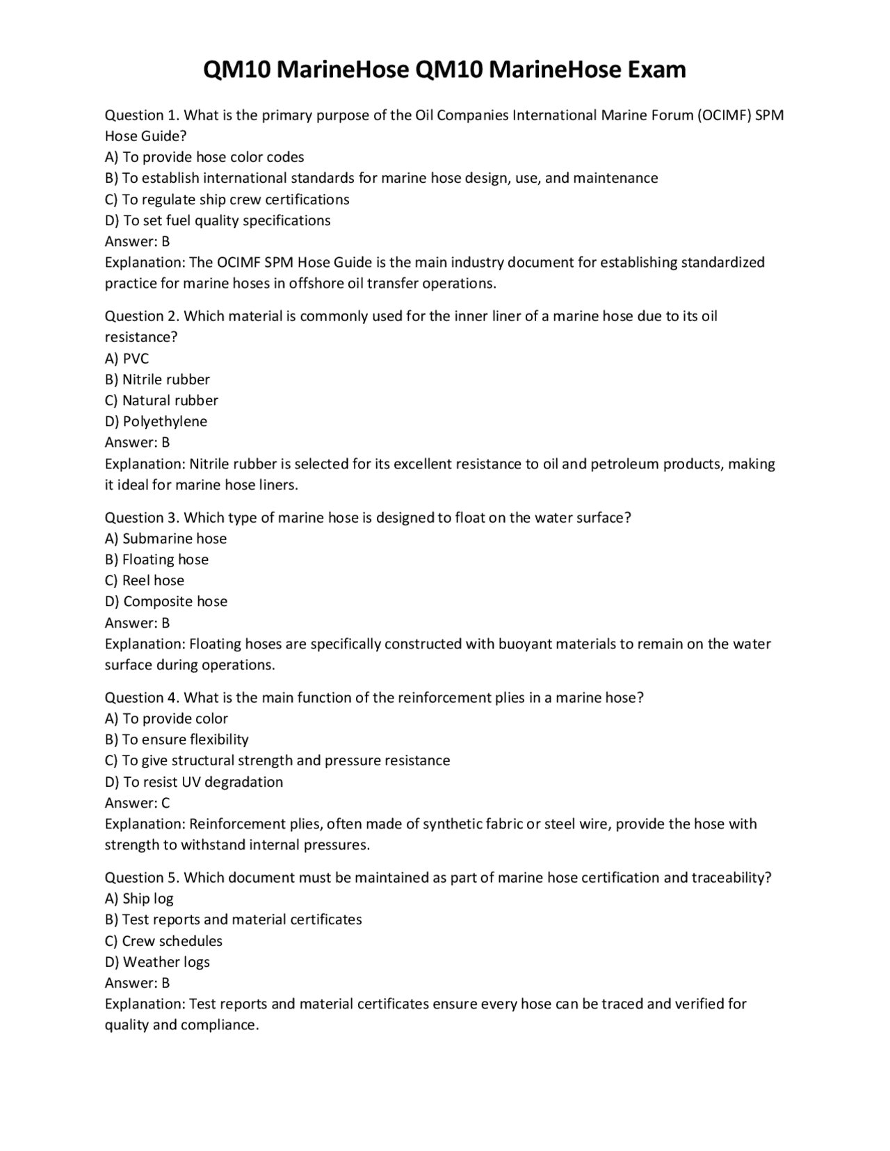 QM10 MarineHose QM10 MarineHose Exam | Exams Technology | Docsity