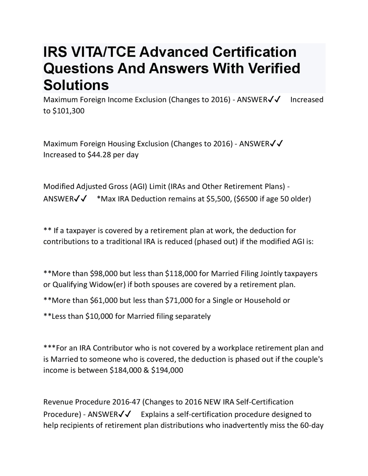 IRS VITA/TCE Advanced Certification Questions And Answers With Verified ...