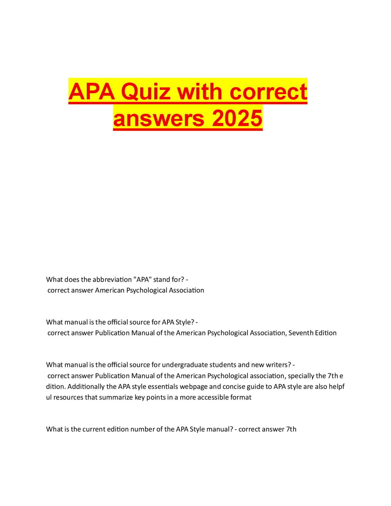 APA Style Quiz: Questions and Answers for Students | Exams Nursing ...