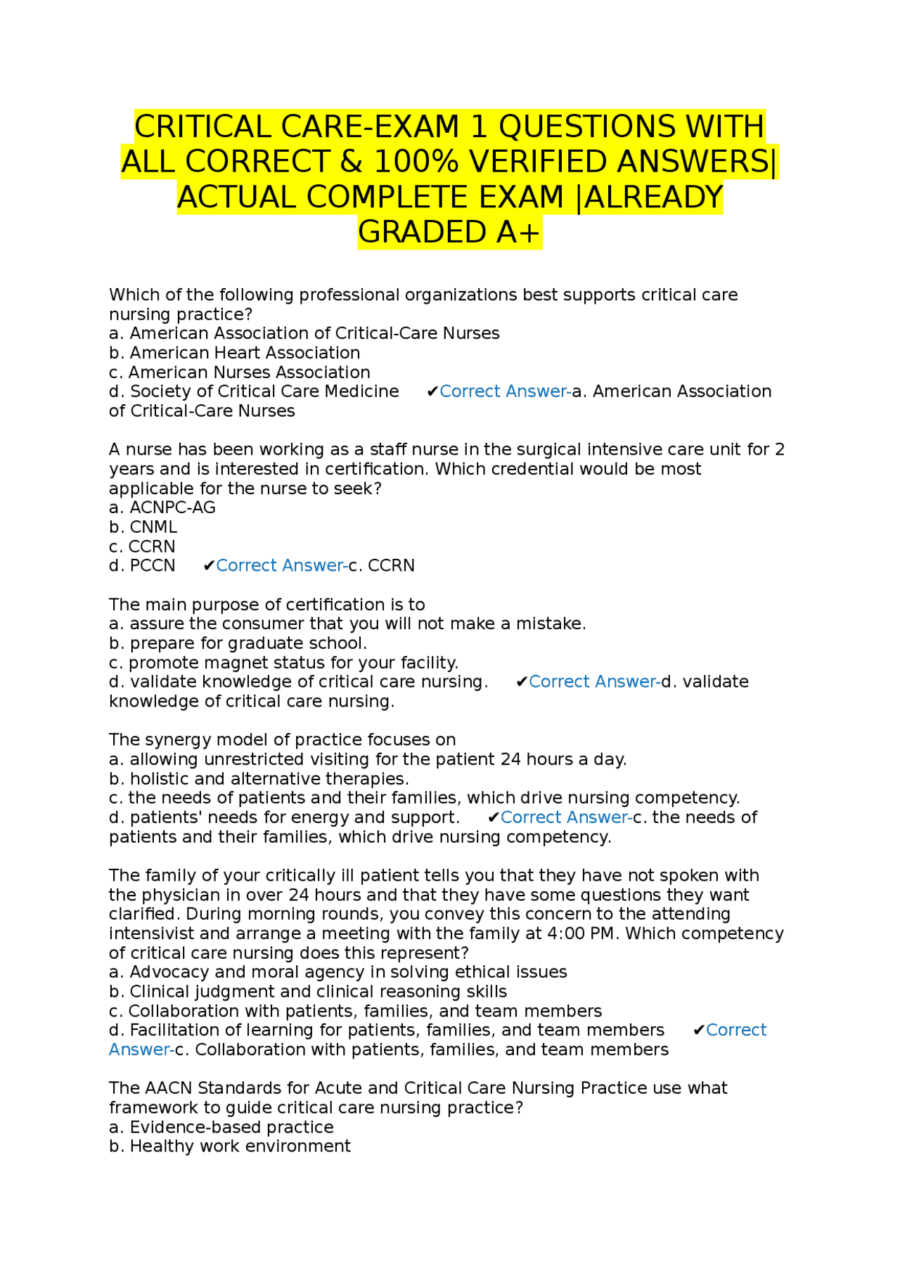 CRITICAL CARE-EXAM 1 QUESTIONS WITH ALL CORRECT & 100% VERIFIED ANSWERS ...