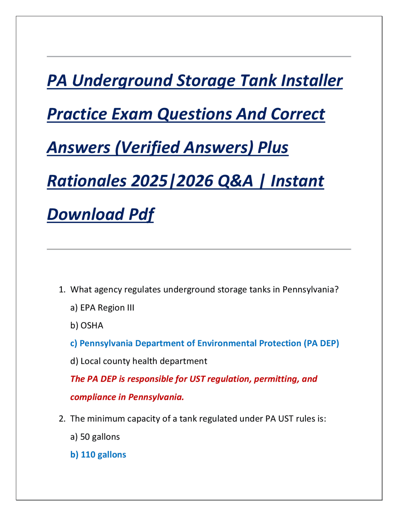 PA Underground Storage Tank Installer Practice Exam Questions And ...