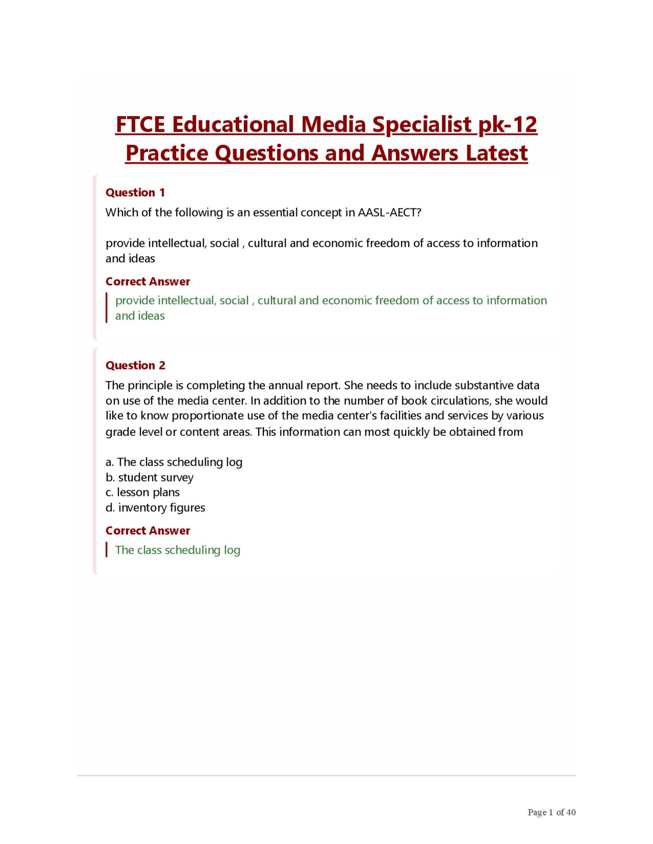 FTCE Educational Media Specialist pk-12 Practice Questions and Answers ...
