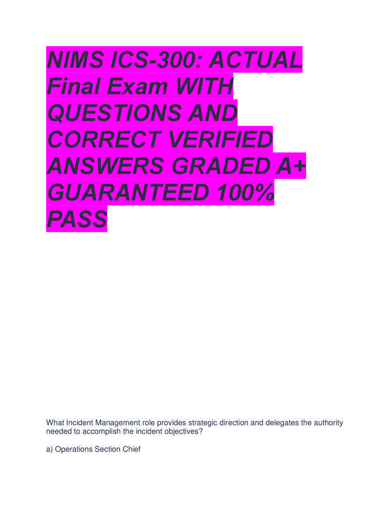 NIMS ICS-300 Final Exam Questions and Verified Answers | Exams Nursing ...