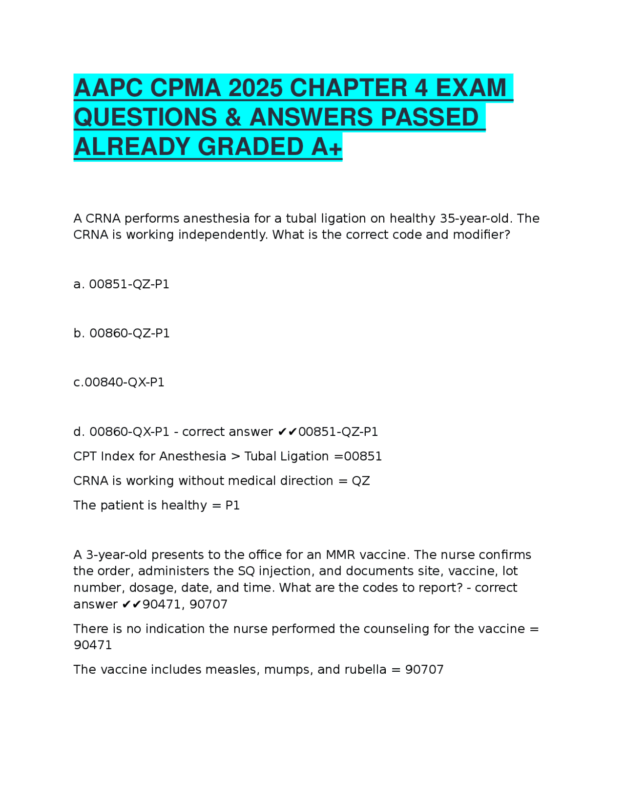 AAPC CPMA Exam Questions and Answers 2025 | Exams Nursing | Docsity