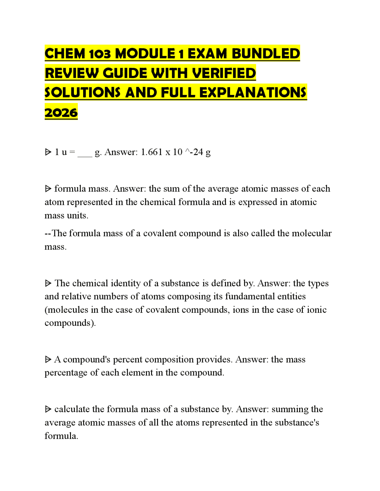 CHEM 103 MODULE 1 EXAM BUNDLED REVIEW GUIDE WITH VERIFIED SOLUTIONS AND ...