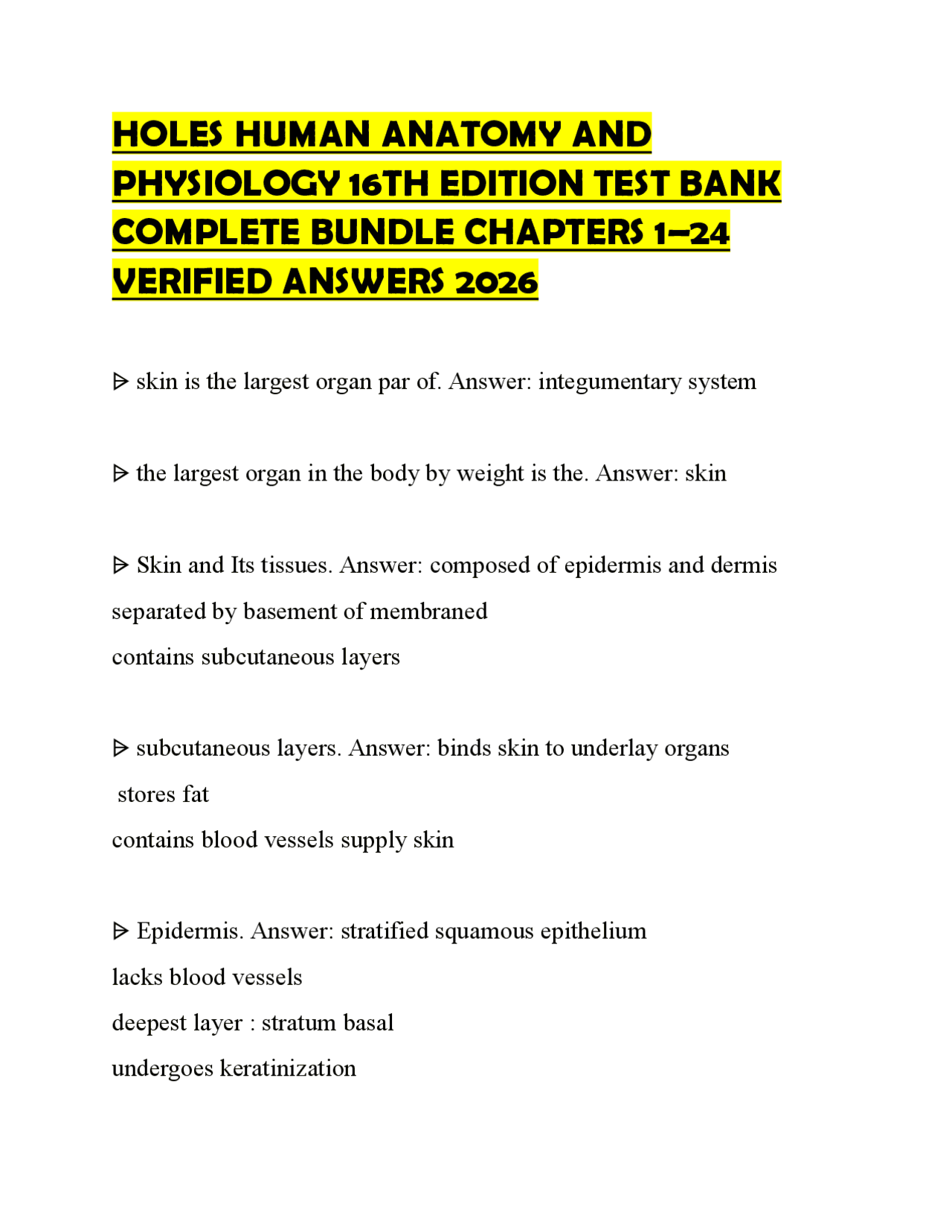 HOLES HUMAN ANATOMY AND PHYSIOLOGY 16TH EDITION TEST BANK COMPLETE ...