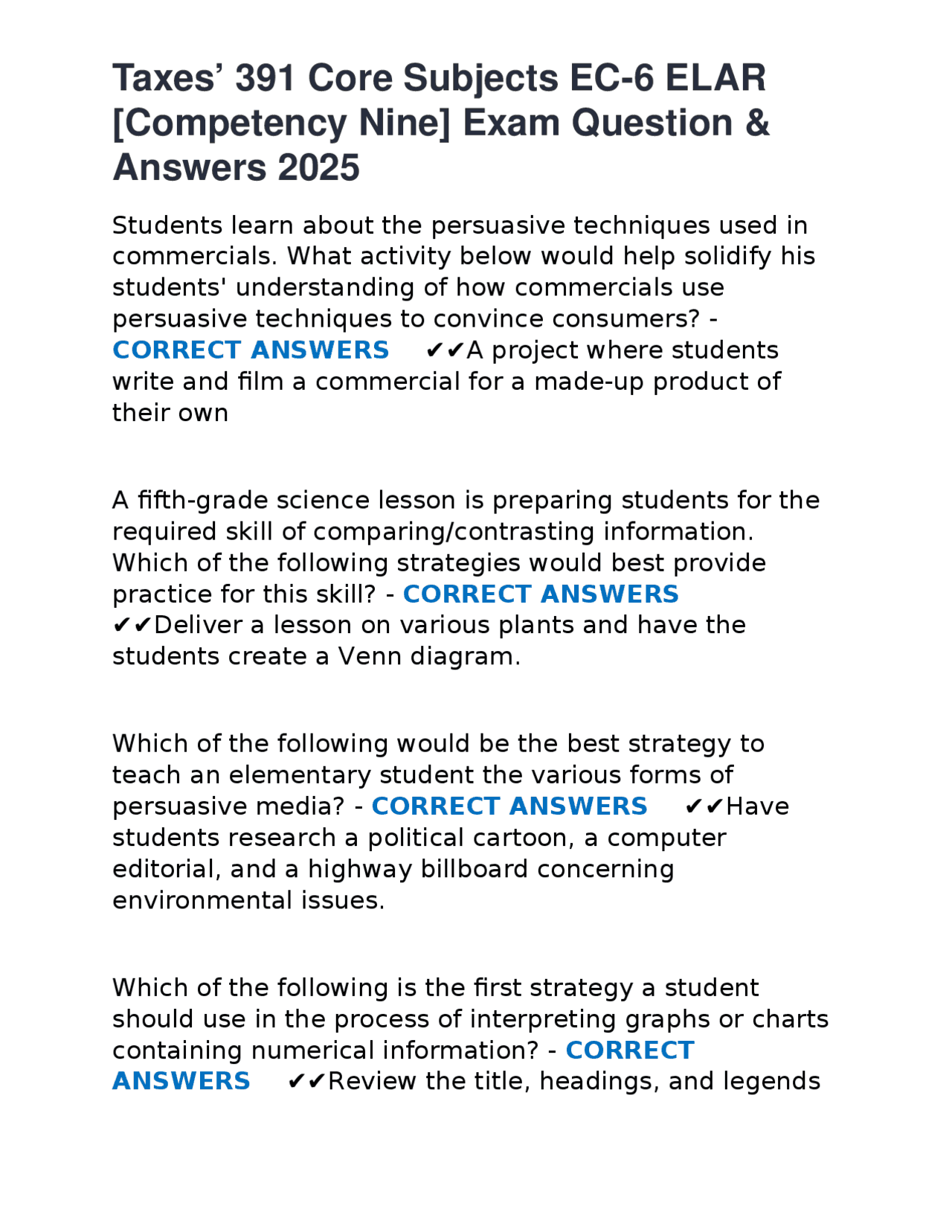 EC-6 ELAR Exam Questions and Answers 2025 | Exams Nursing | Docsity