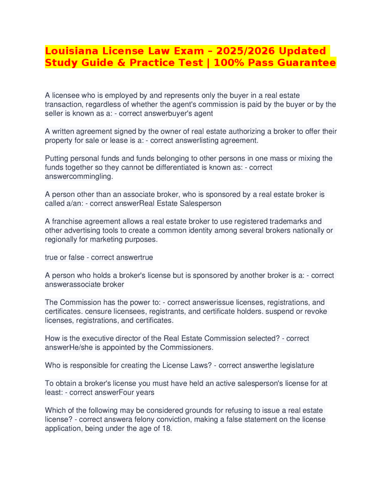 Louisiana Real Estate License Law Exam Study Guide 2025/2026 | Exams ...