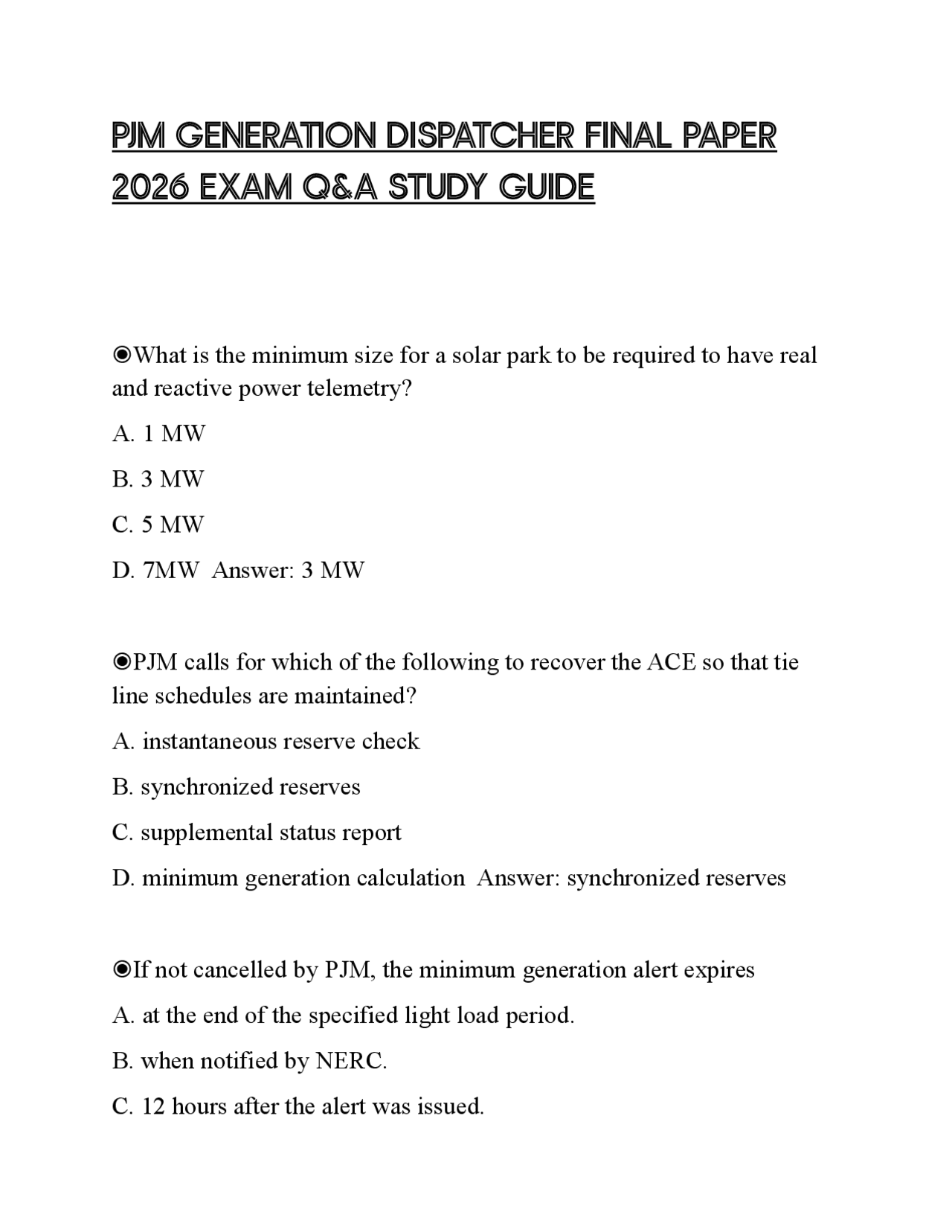 PJM GENERATION DISPATCHER FINAL PAPER 2026 EXAM Q&A STUDY GUIDE | Exams ...