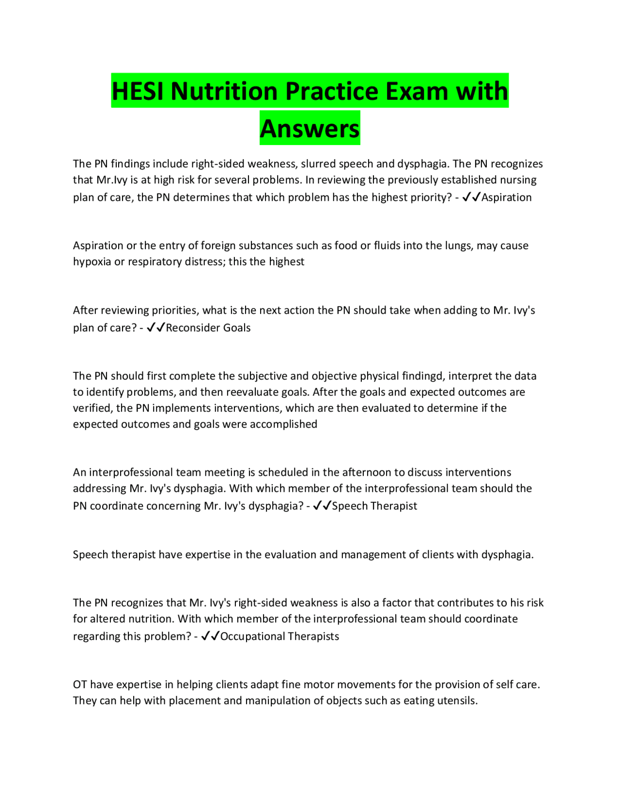 Nutrition Practice Exam with Answers | Exams Nutrition | Docsity