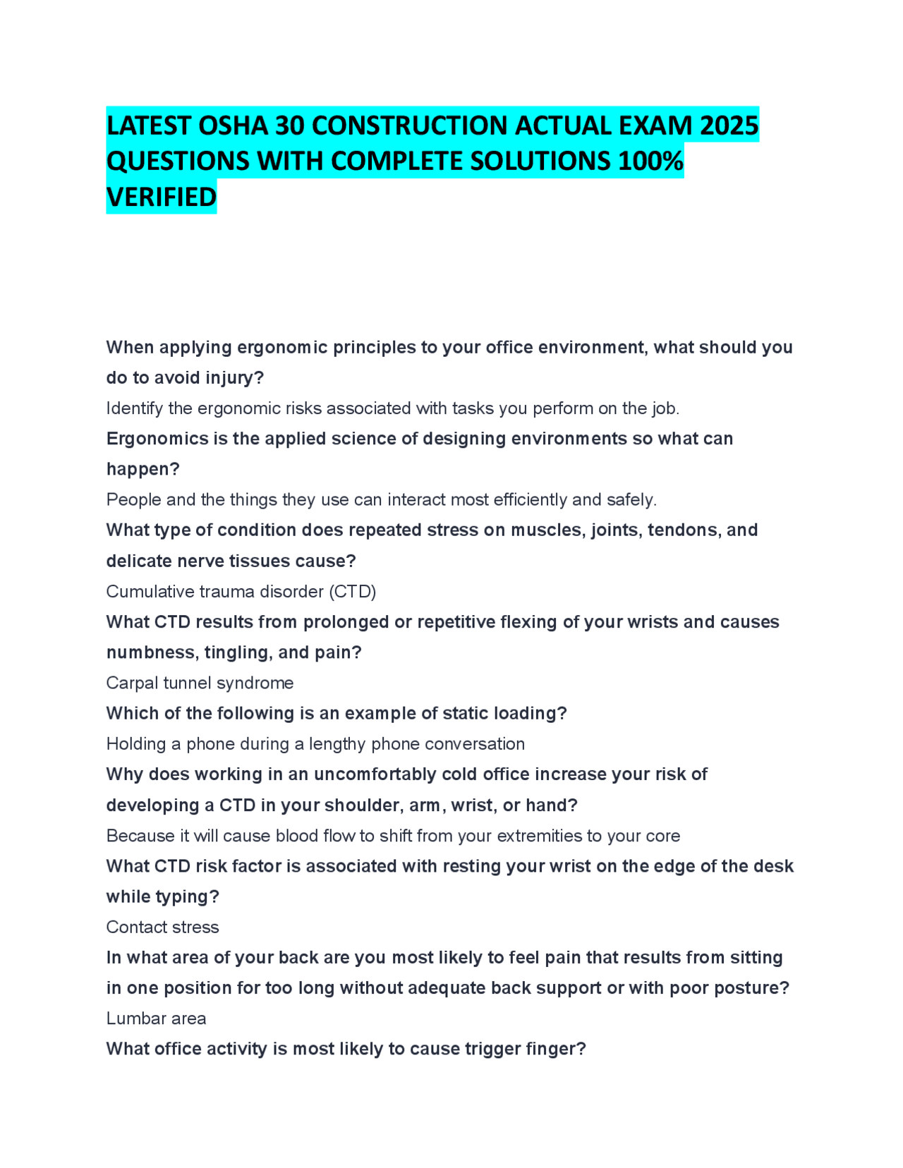 OSHA 30 Construction Exam Questions and Answers 2025 | Exams Workplace ...