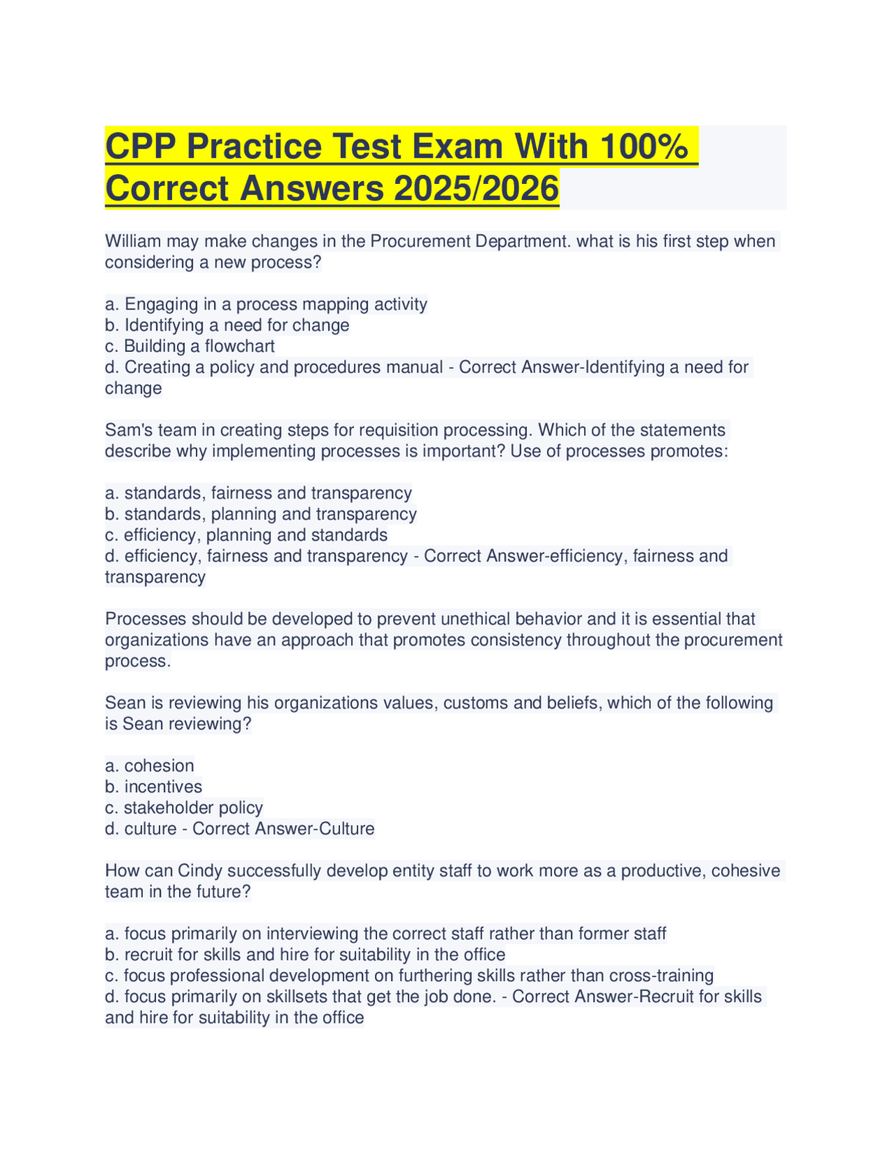 CPP Procurement Practice Test with Answers 2025/2026 | Exams Advanced ...