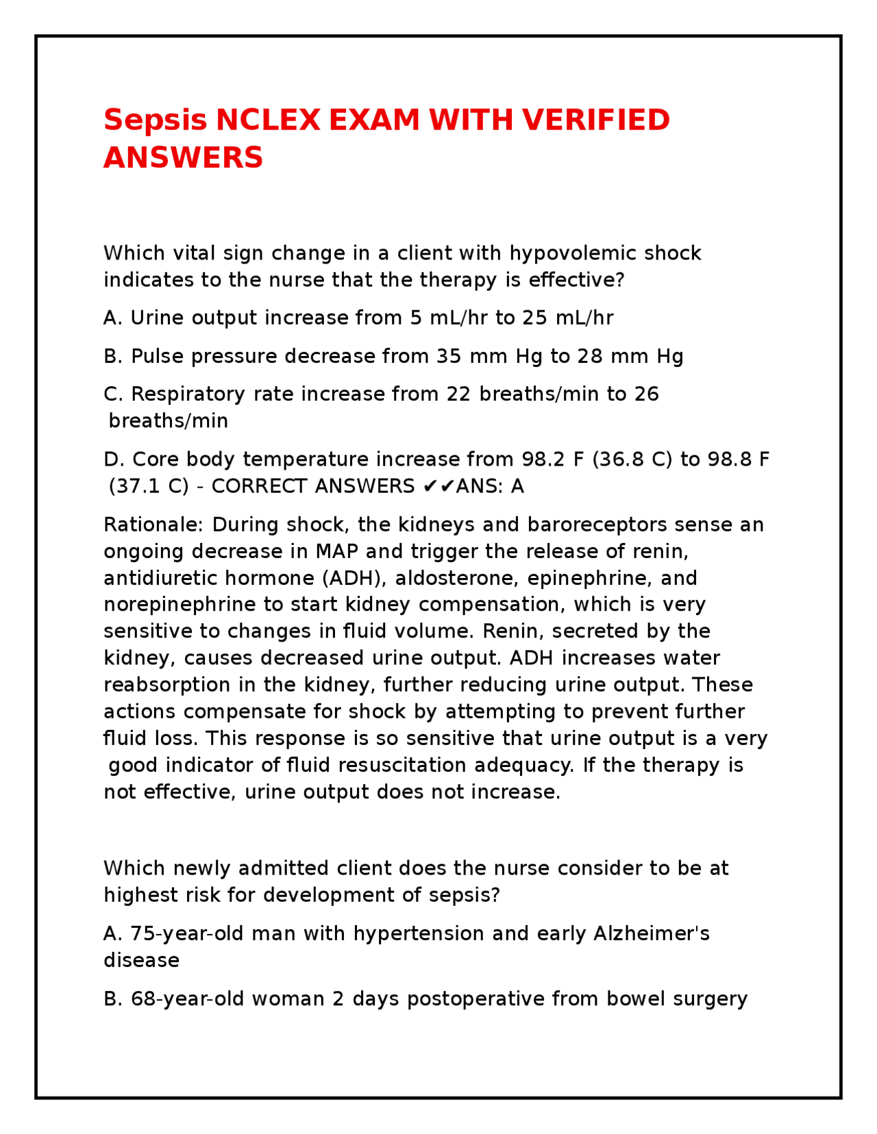 NCLEX Exam Questions: Sepsis and Shock with Verified Answers | Exams ...