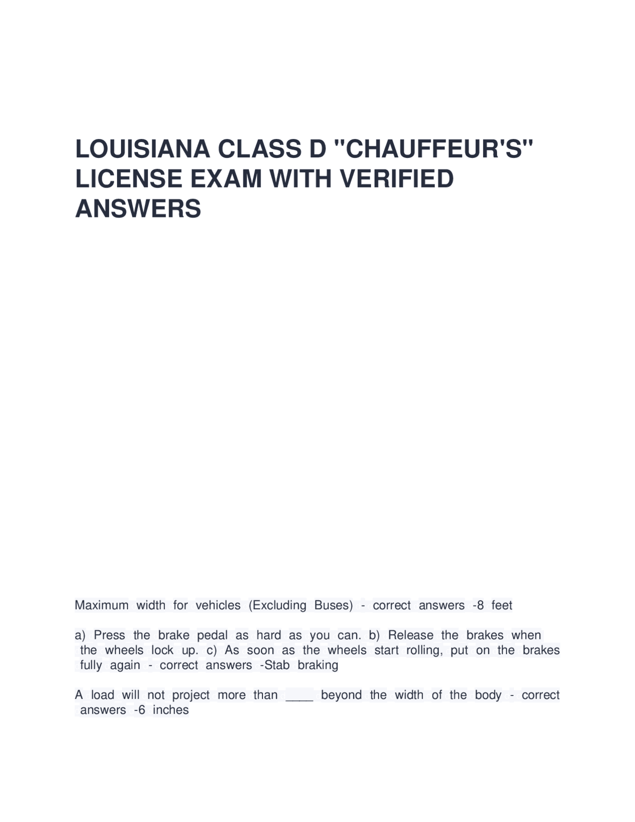 Louisiana Class D Chauffeur's License Exam Questions and Answers ...
