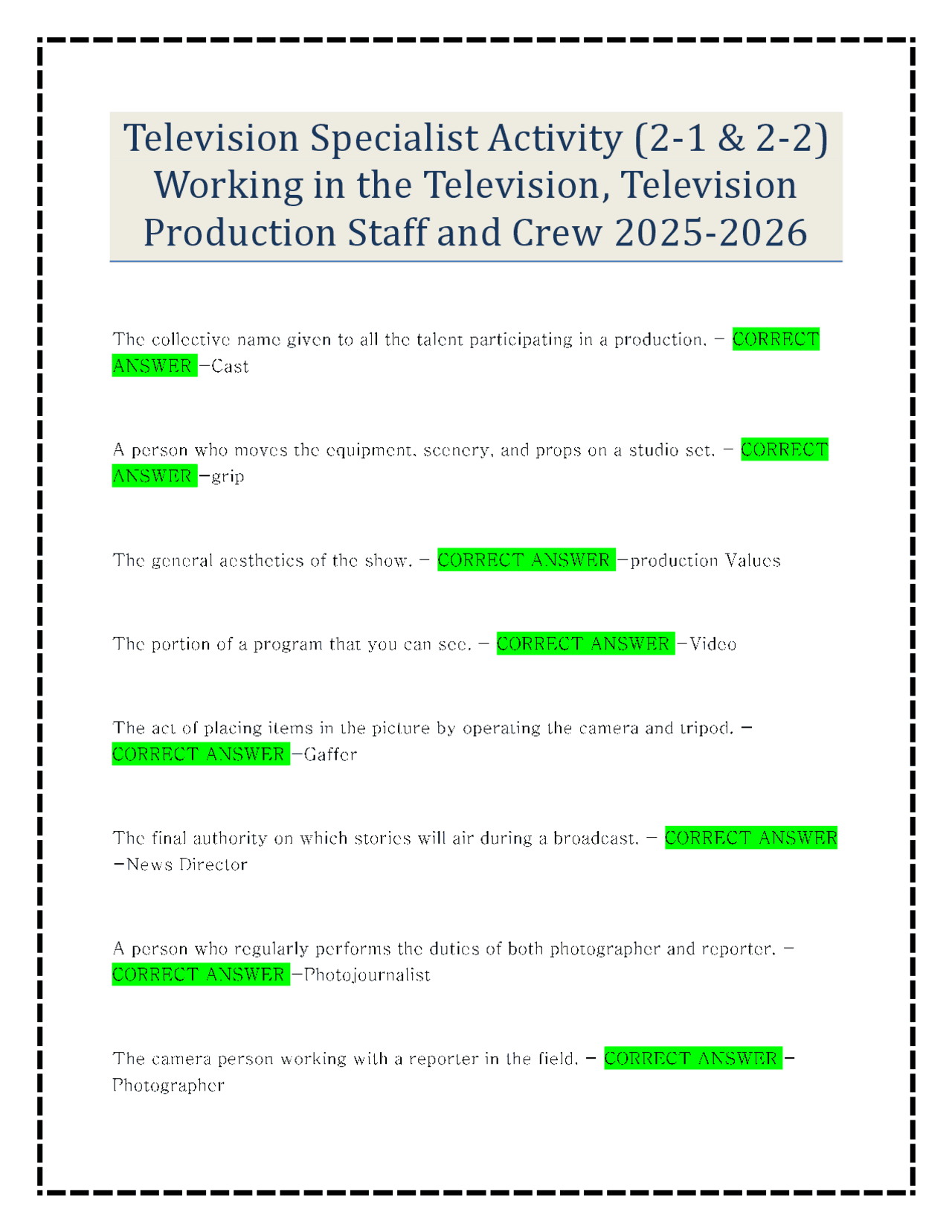 Television Specialist Activity (2-1 & 2-2) Working in the Television ...