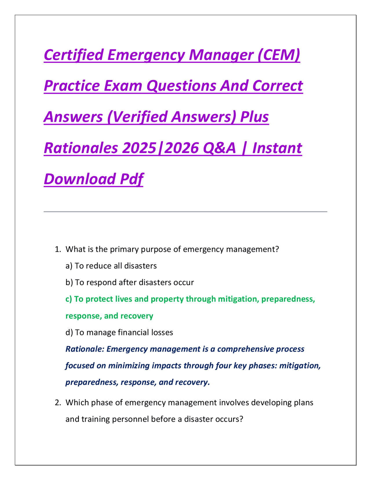 Certified Emergency Manager (CEM) Practice Exam Q&A 2025-2026 | Exams ...
