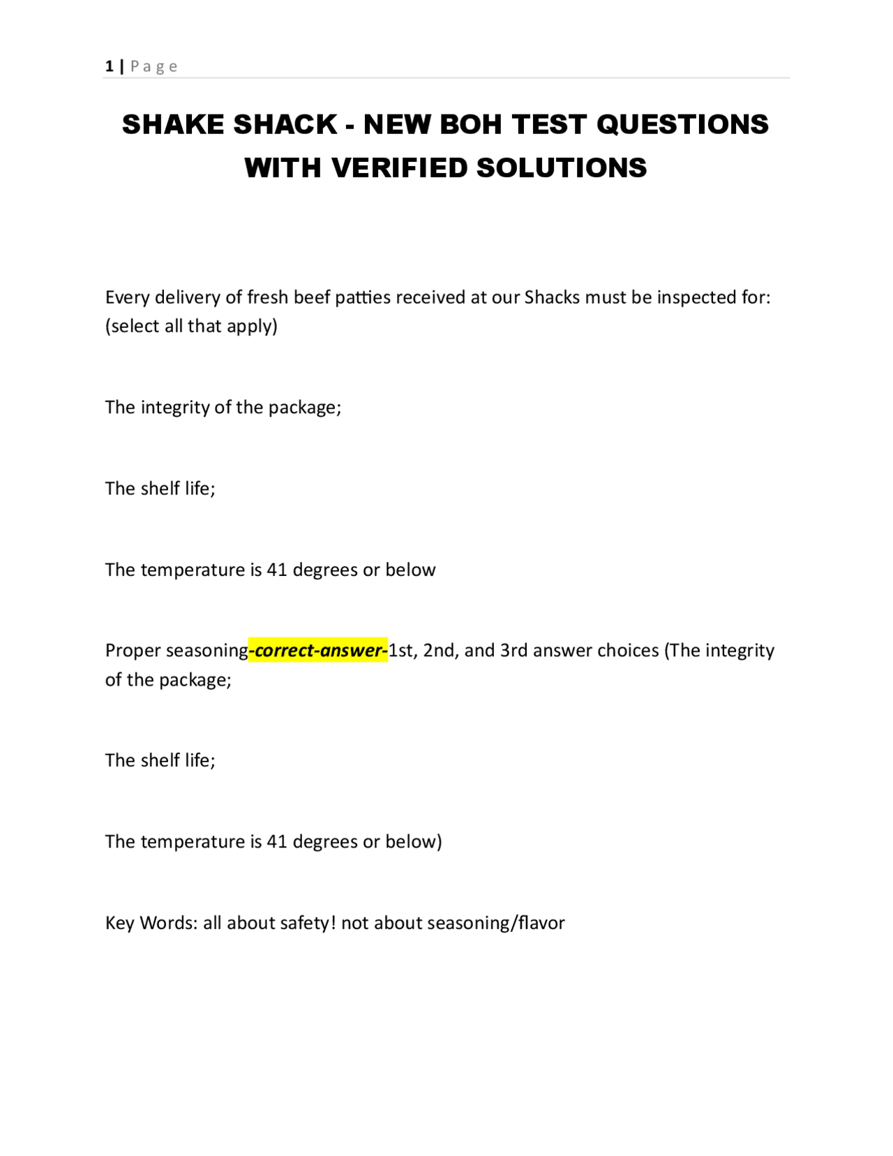 Shake Shack Food Safety and Hygiene Test Questions with Verified ...
