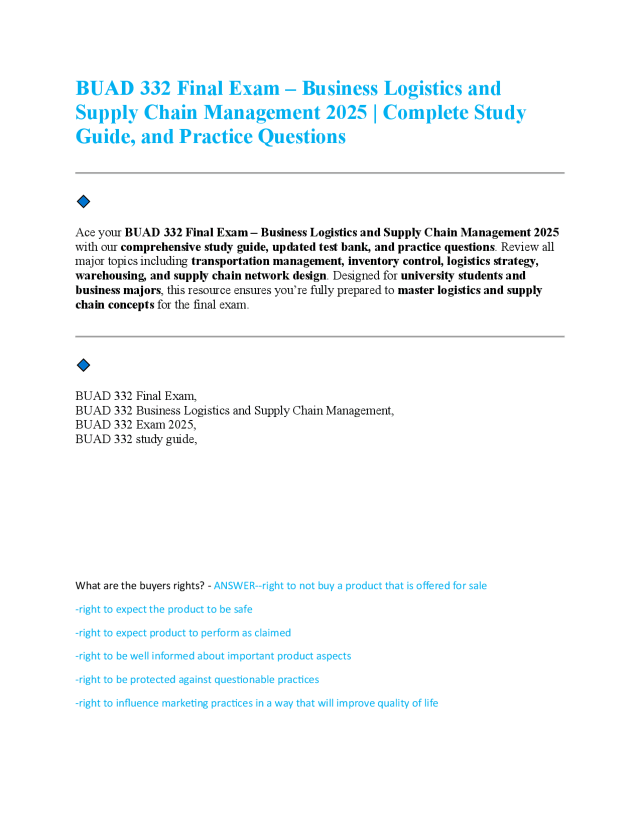 BUAD 332 Final Exam Study Guide: Business Logistics and Supply Chain ...