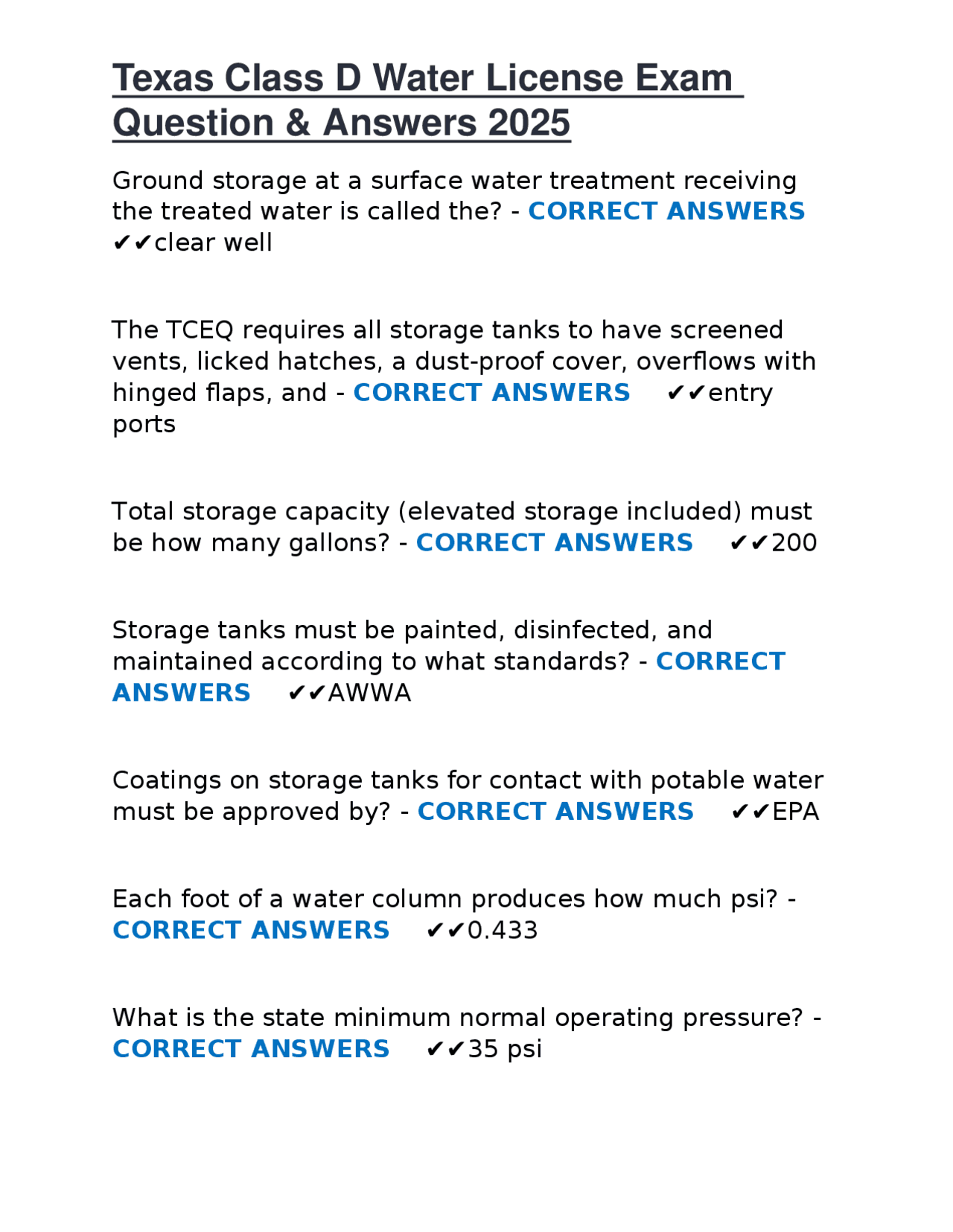Texas Class D Water License Exam: Q&A for 2025 | Exams Nursing | Docsity
