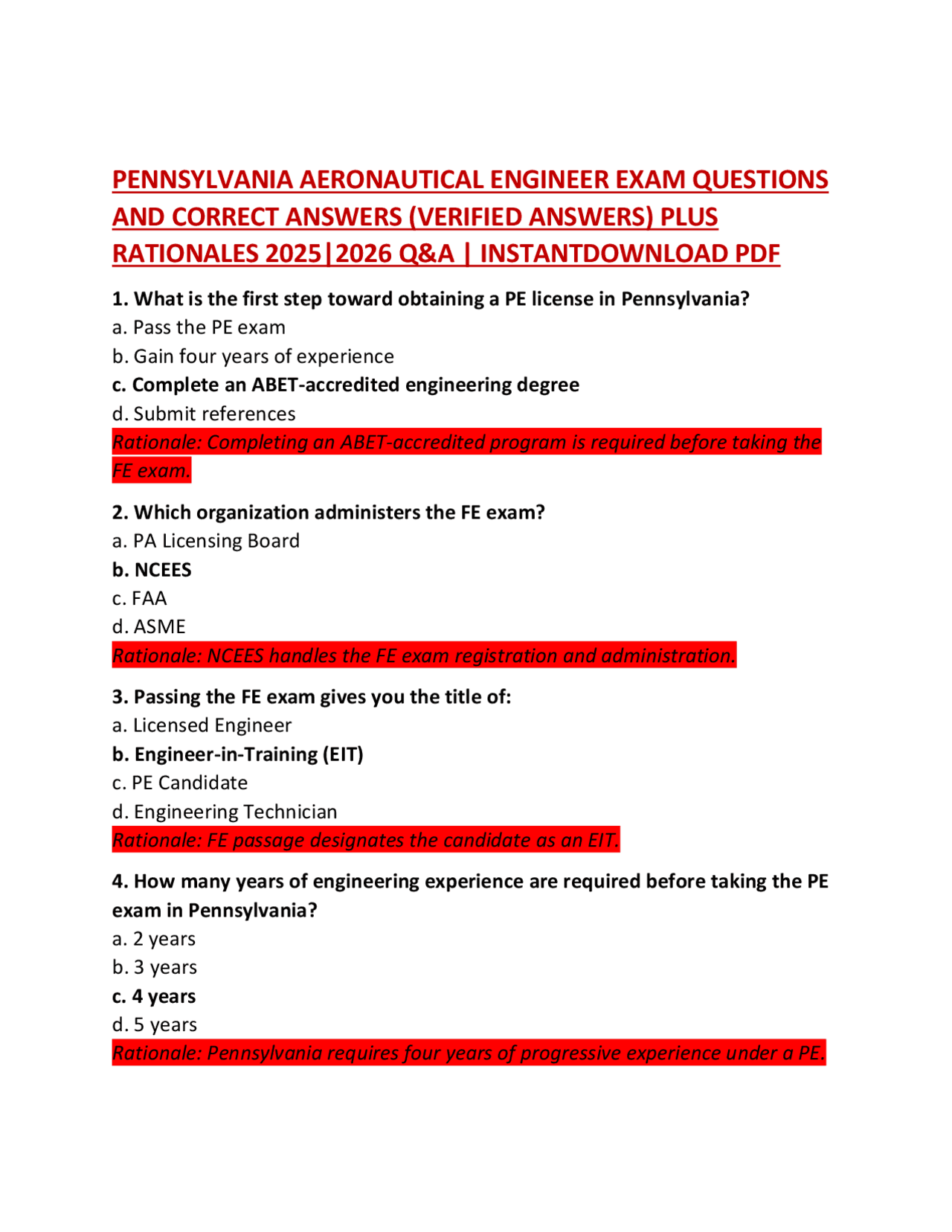Pennsylvania Aeronautical Engineer PE Exam Q&A 2025-2026 | Exams ...