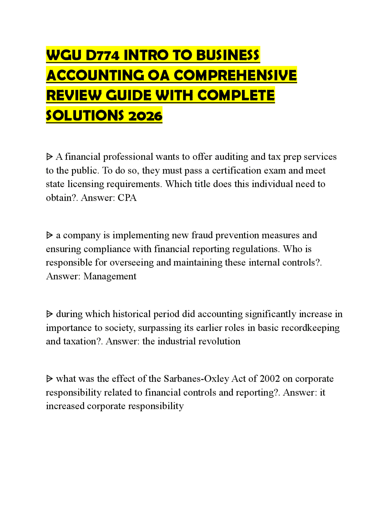 WGU D774 INTRO TO BUSINESS ACCOUNTING OA COMPREHENSIVE REVIEW GUIDE ...