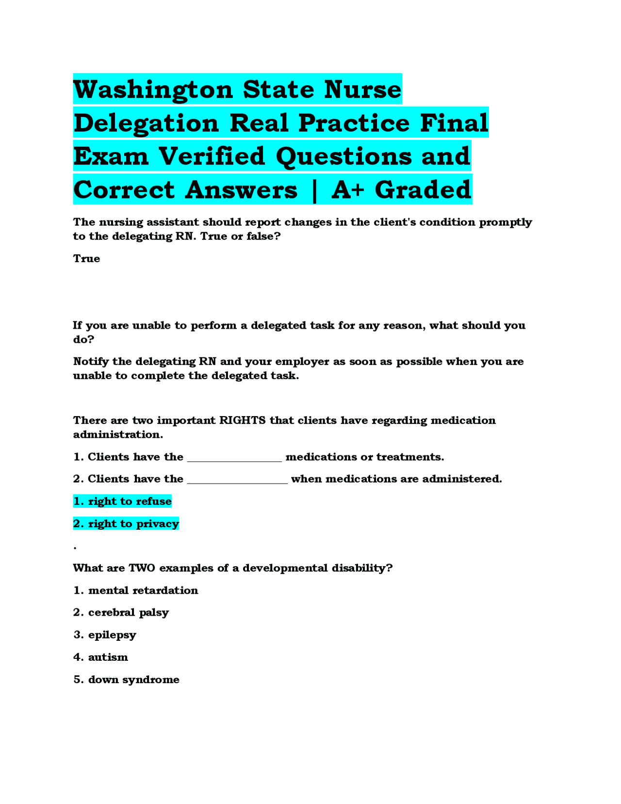 Washington State Nurse Delegation Practice Exam: Questions and Answers ...