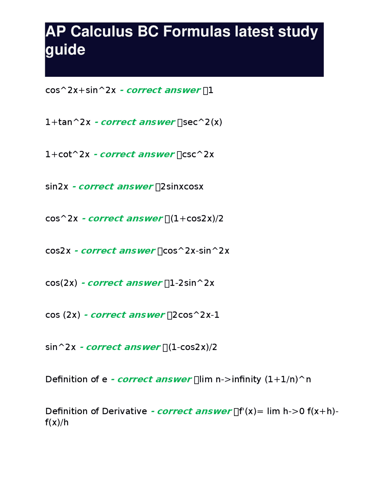AP Calculus BC Formulas Study Guide | Exams Calculus | Docsity