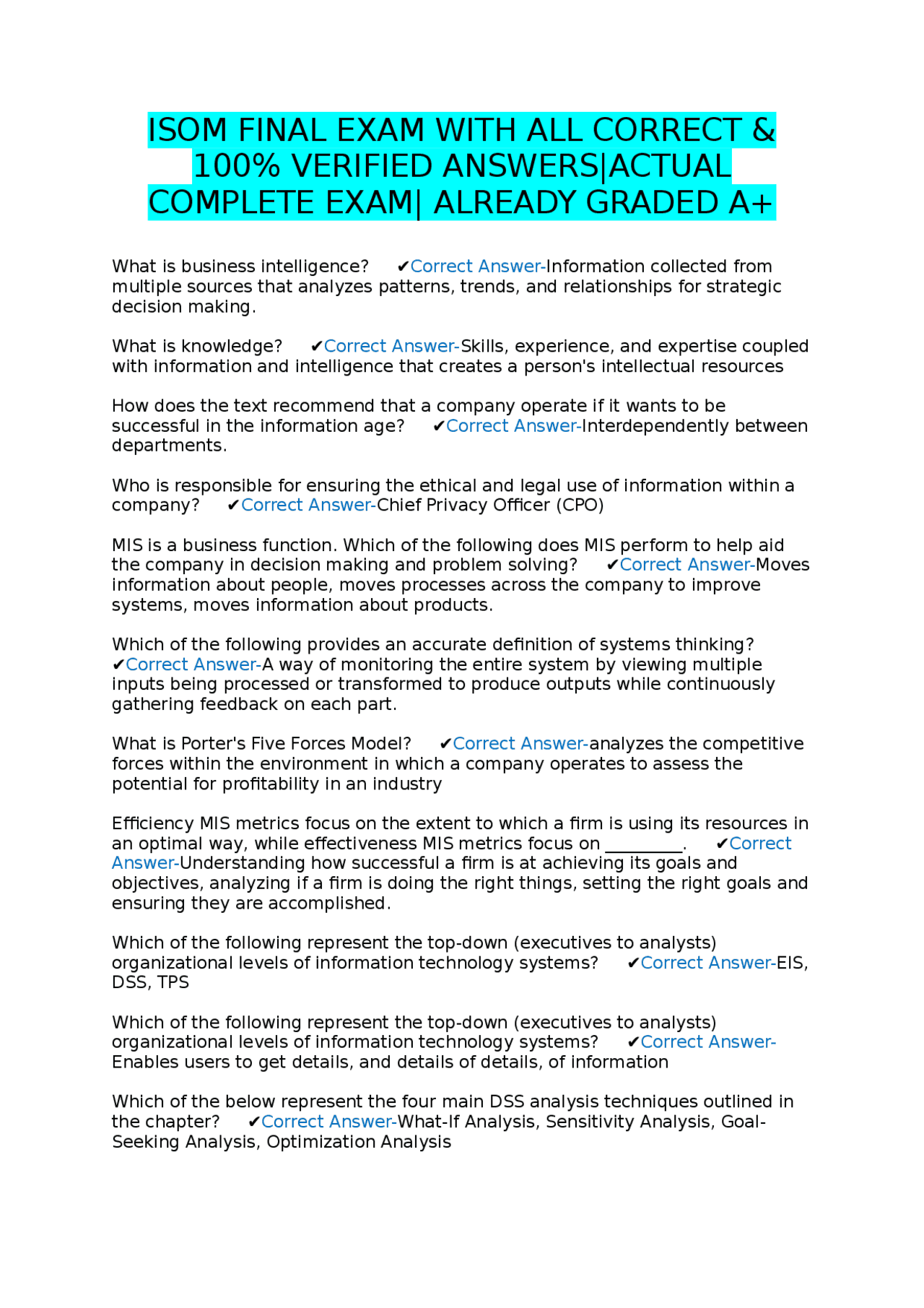 ISOM Final Exam Questions and Verified Answers | Exams Production and ...