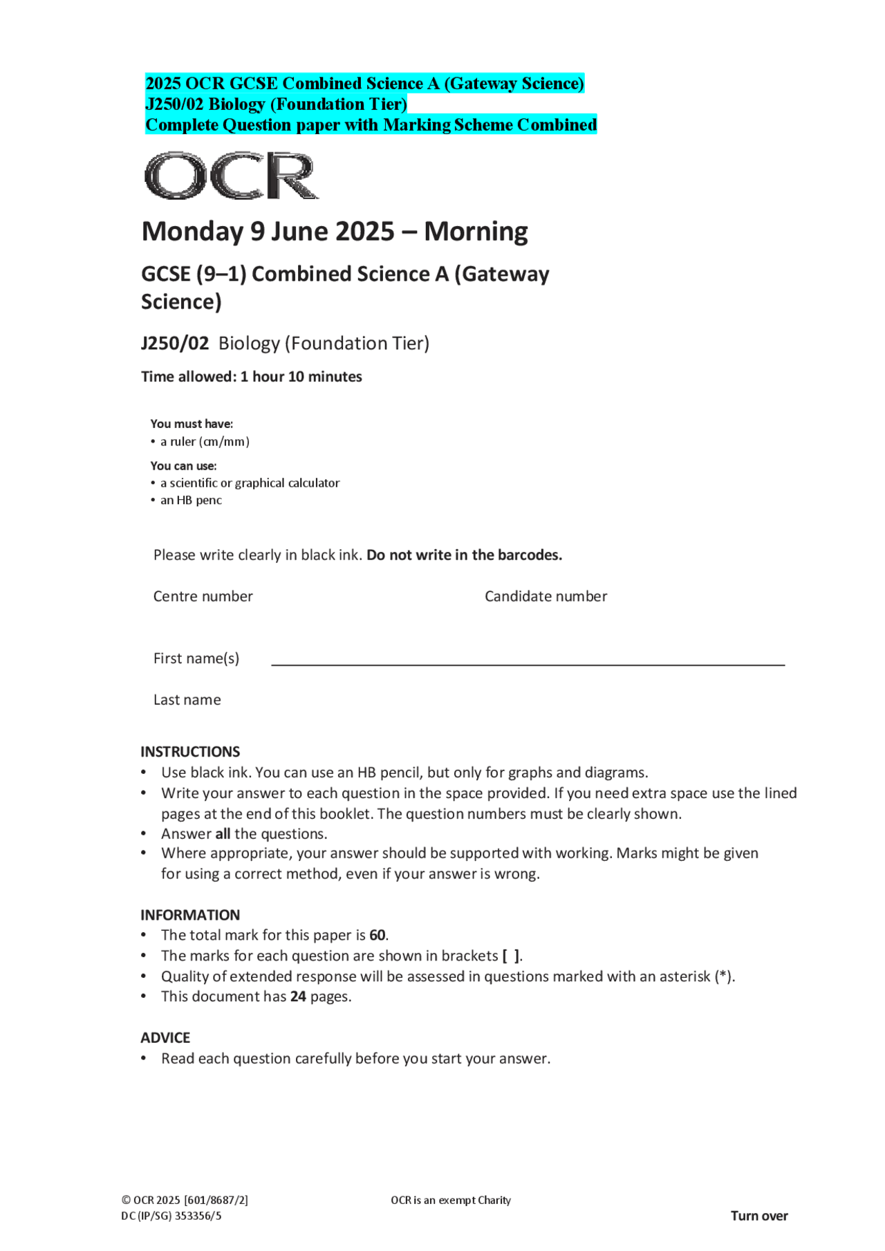 2025 OCR GCSE Combined Science A (Gateway Science) J250/02 Biology ...