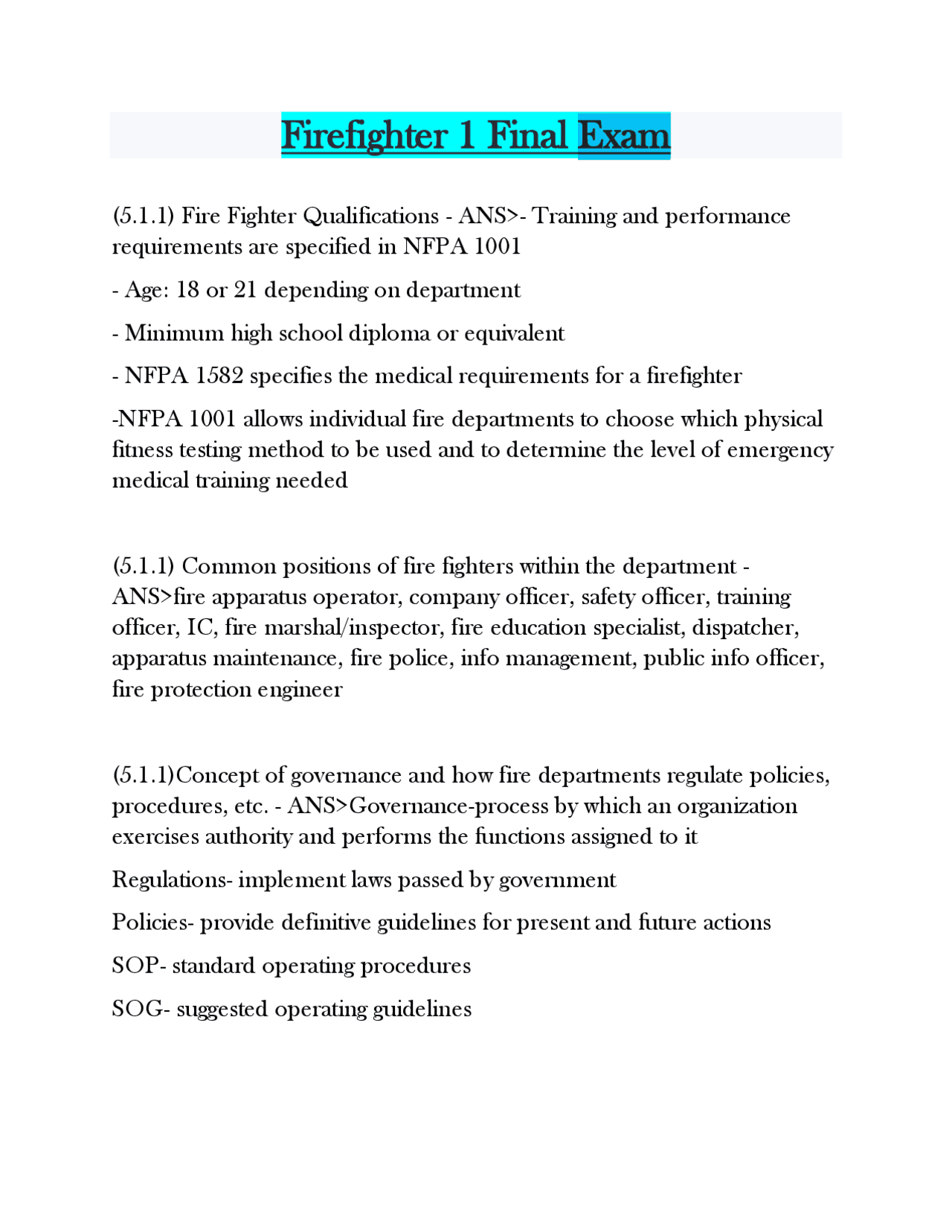 Firefighter 1 Final Exam Study Guide: Key Concepts and Procedures ...