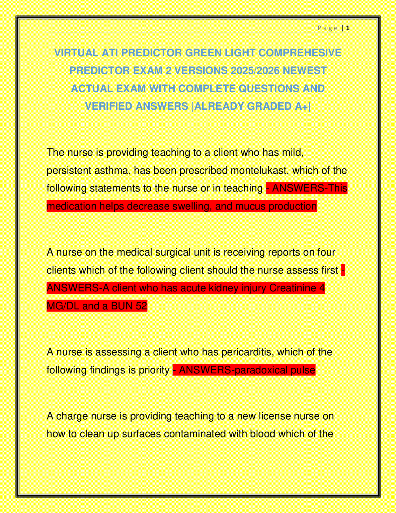 VIRTUAL ATI PREDICTOR GREEN LIGHT COMPREHESIVE PREDICTOR EXAM 2 ...