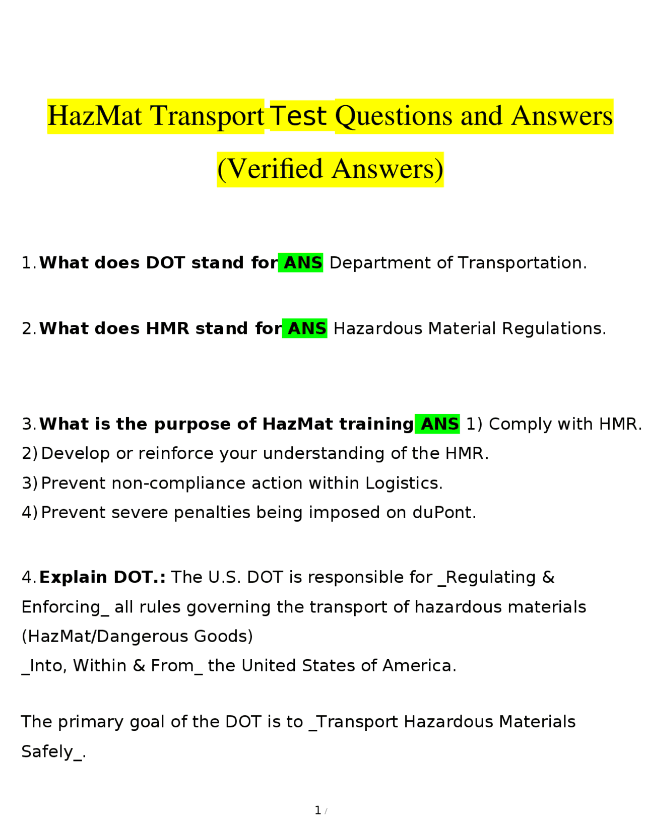HazMat Transport Test (2025) – Verified Questions and Answers – 100% ...
