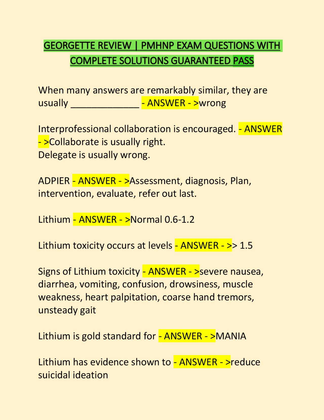 GEORGETTE REVIEW | PMHNP EXAM QUESTIONS WITH COMPLETE SOLUTIONS ...