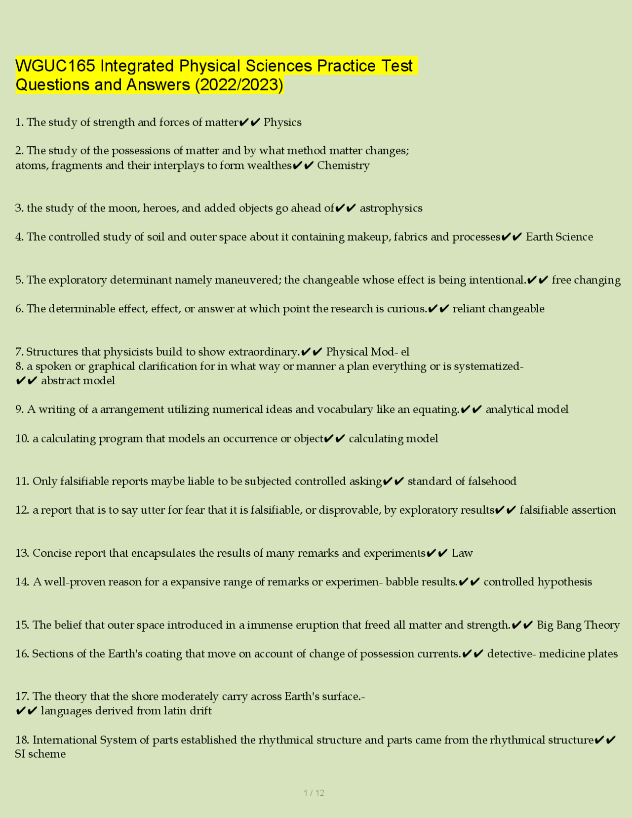 Integrated Physical Sciences Practice Test Questions and Answers ...