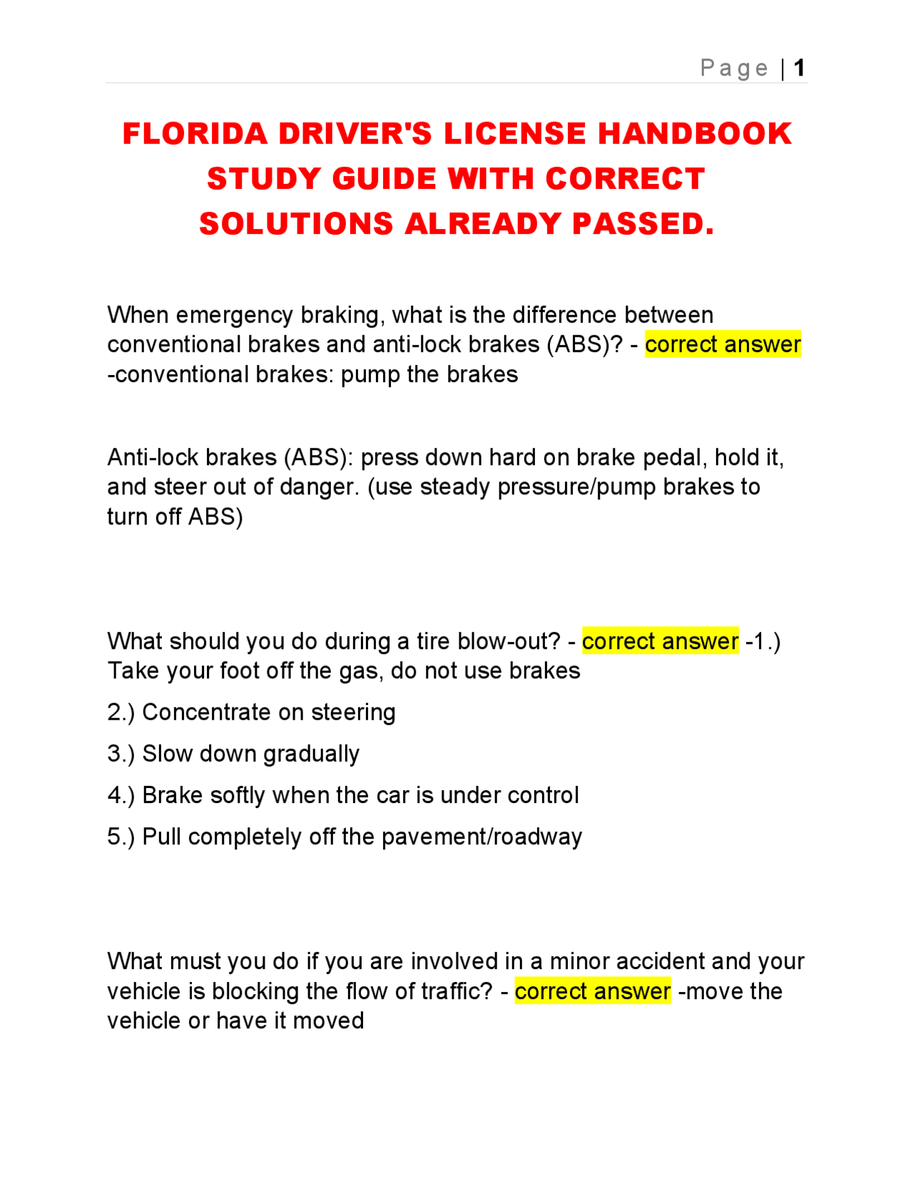 Florida Driver's License Handbook Study Guide | Exams Traffic Control ...