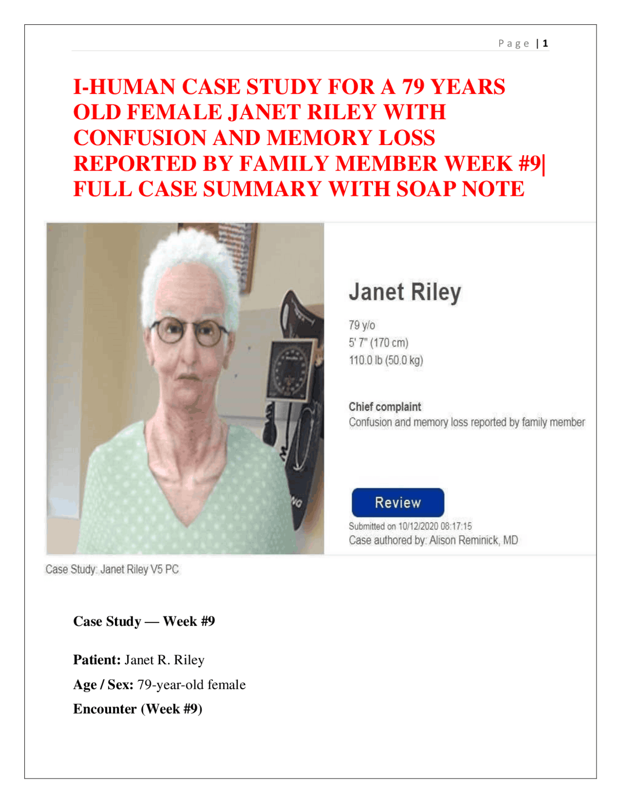 I-HUMAN CASE STUDY FOR A 79 YEARS OLD FEMALE JANET RILEY WITH CONFUSION ...