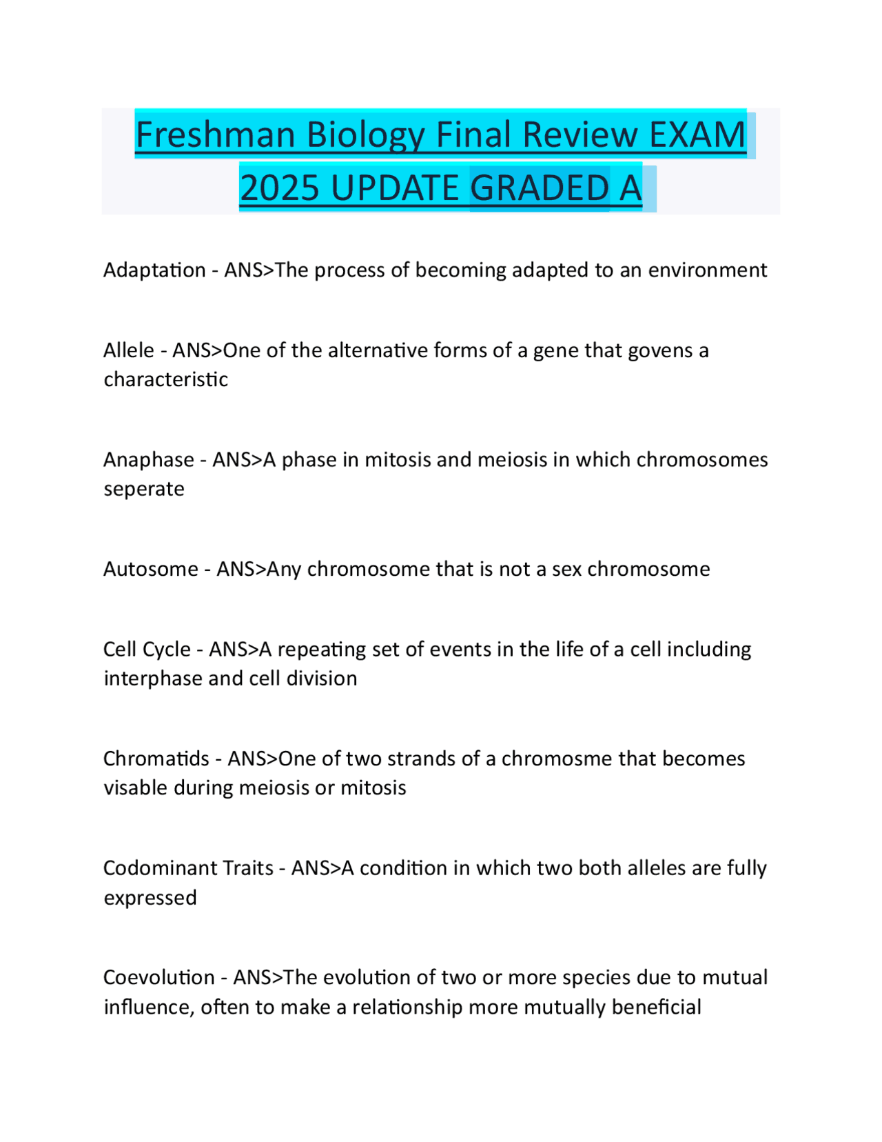 Freshman Biology Final Exam Review: Key Concepts and Definitions ...