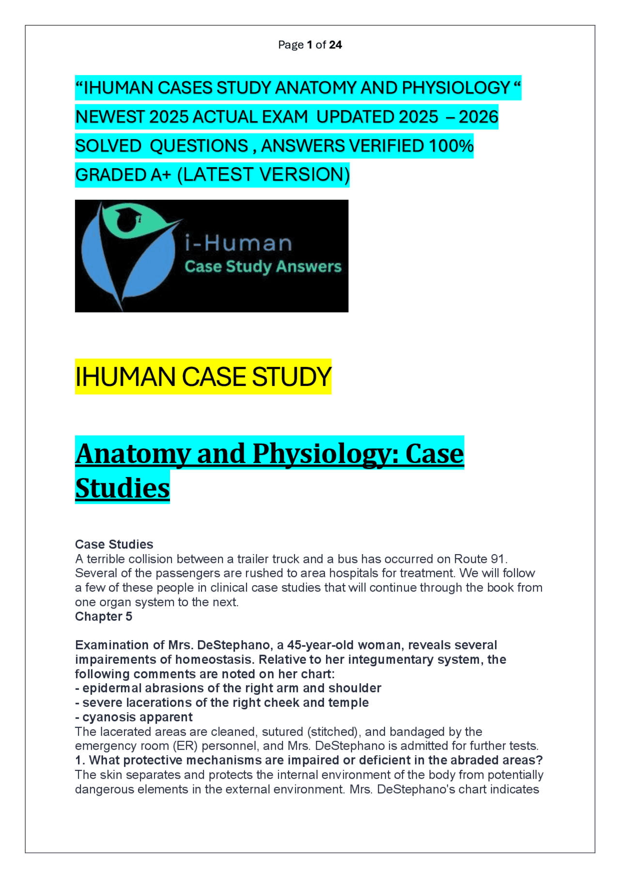 “IHUMAN CASES STUDY ANATOMY AND PHYSIOLOGY “ NEWEST 2025 ACTUAL EXAM ...