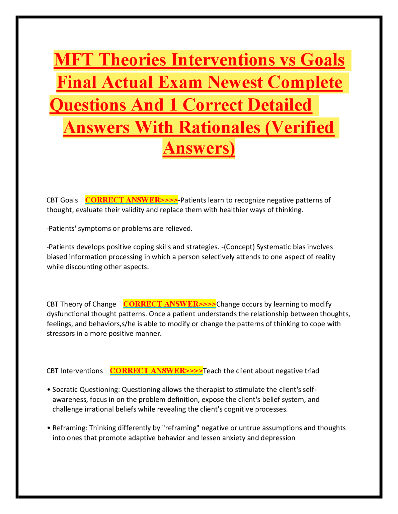 MFT Theories and Interventions Exam Questions with Verified Answers ...