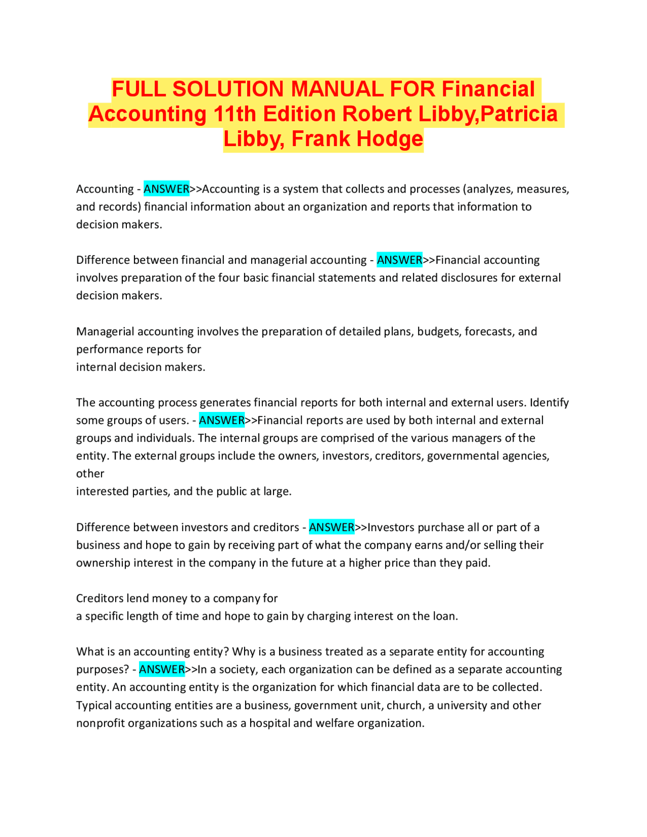 FULL SOLUTION MANUAL FOR Financial Accounting 11th Edition Robert Libby ...